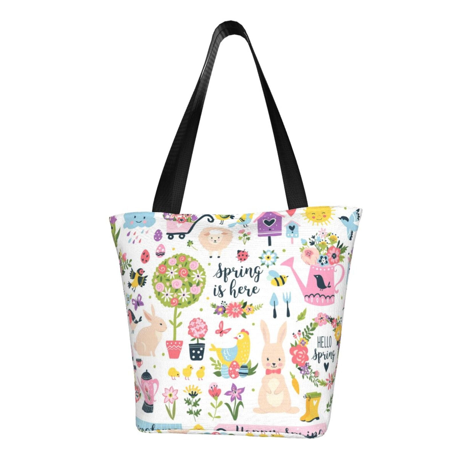Adobk Spring Hand Drawn Flowers Birds Canvas Tote Bag Vintage Tote Bag ...