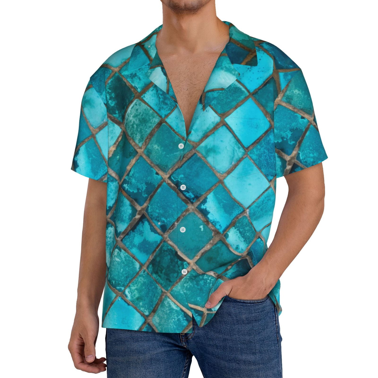 Adobk Square Glass Mosaic Print Men's Casual Button Down Shirt Summer ...