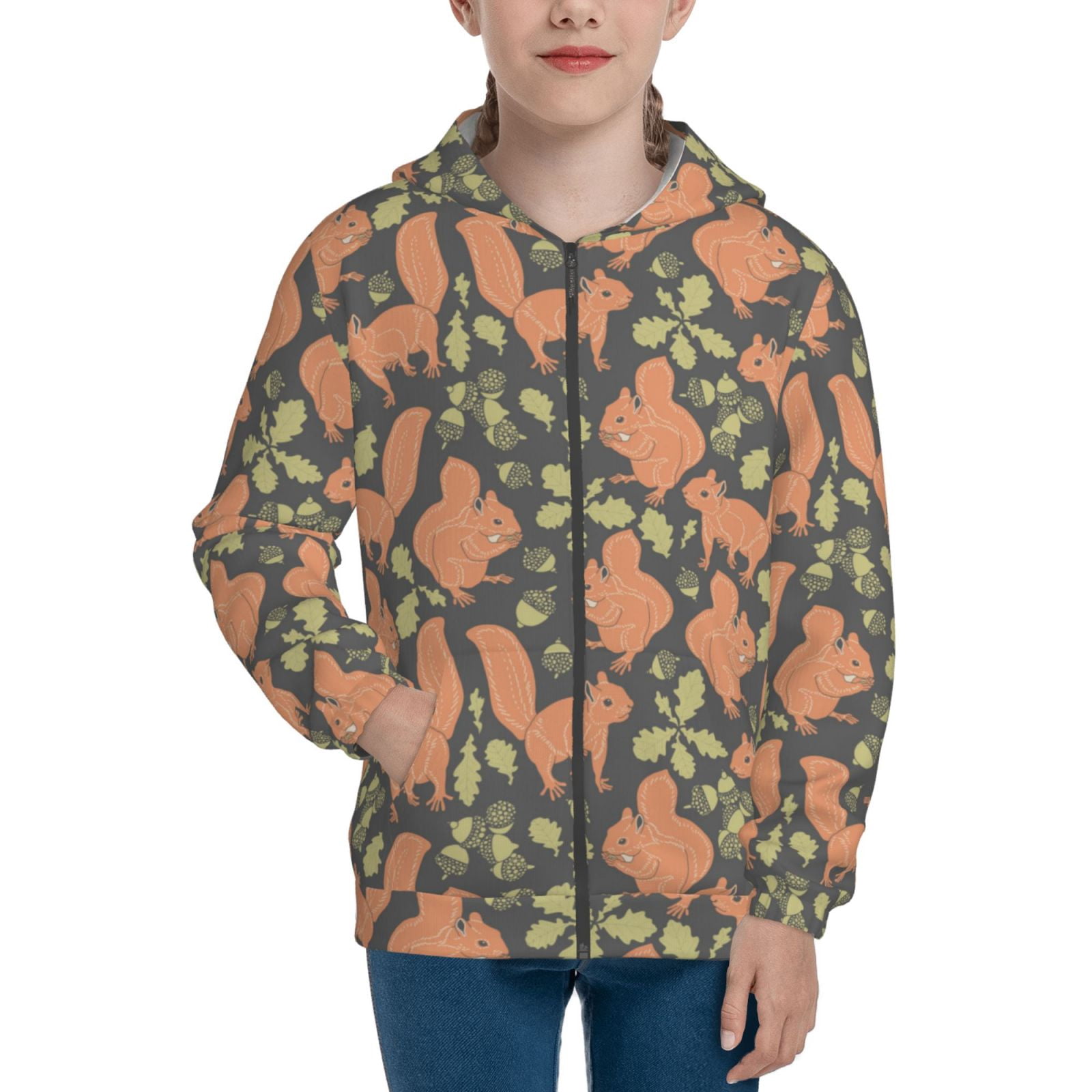 Adobk Squirrel And Nuts Print Teenage Hoodies Fashion Crew Neck Zipper ...