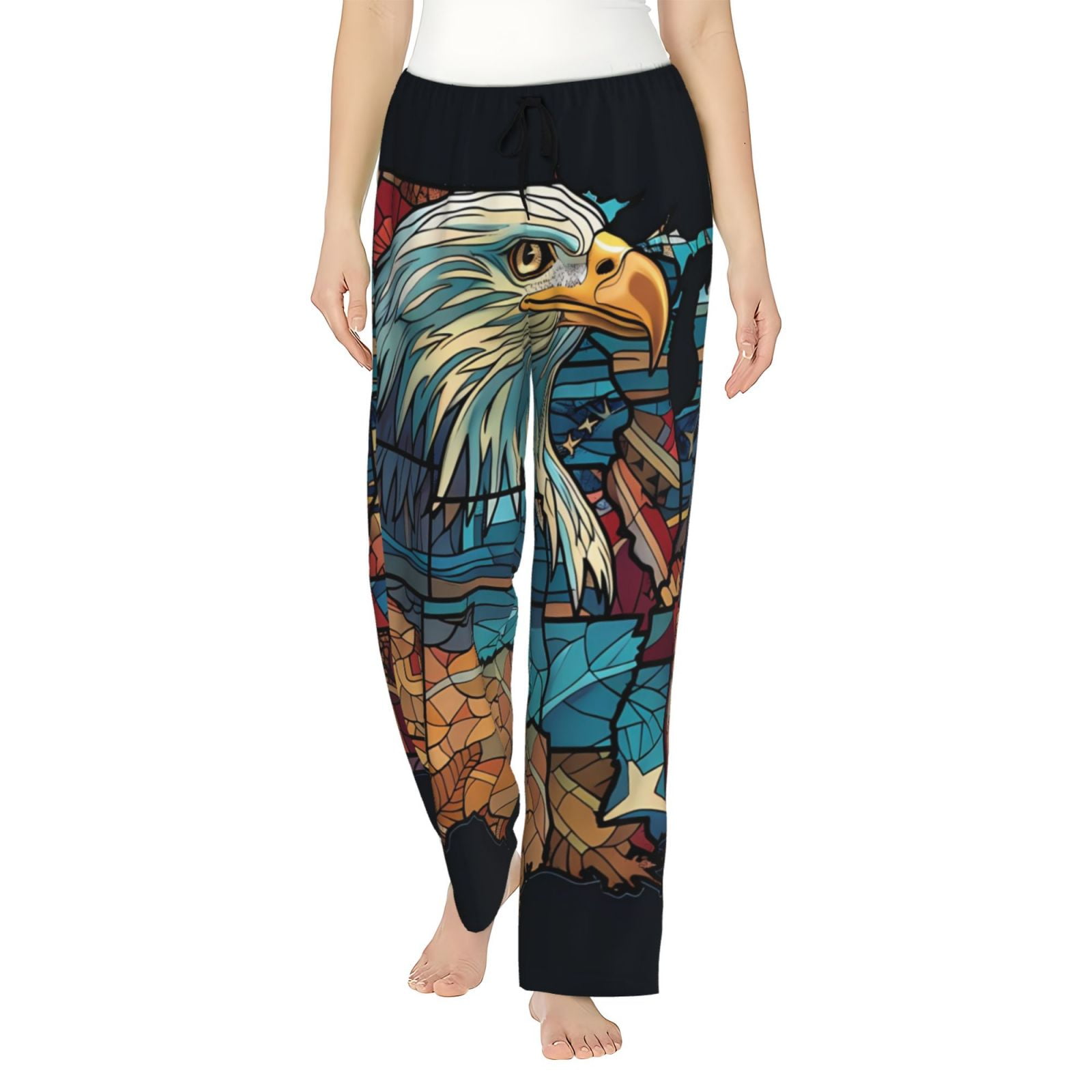 Adobk Stained Glass Eagle USA Print Women Comfy Casual Pajama Pants ...