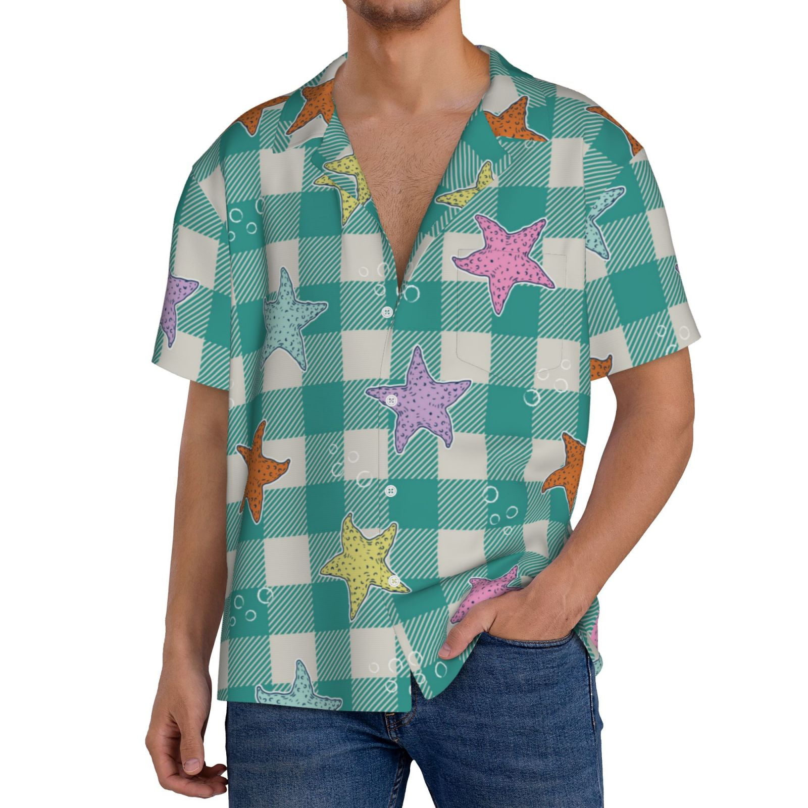 Adobk Starfish On Checkered Background Print Men's Casual Button Down ...