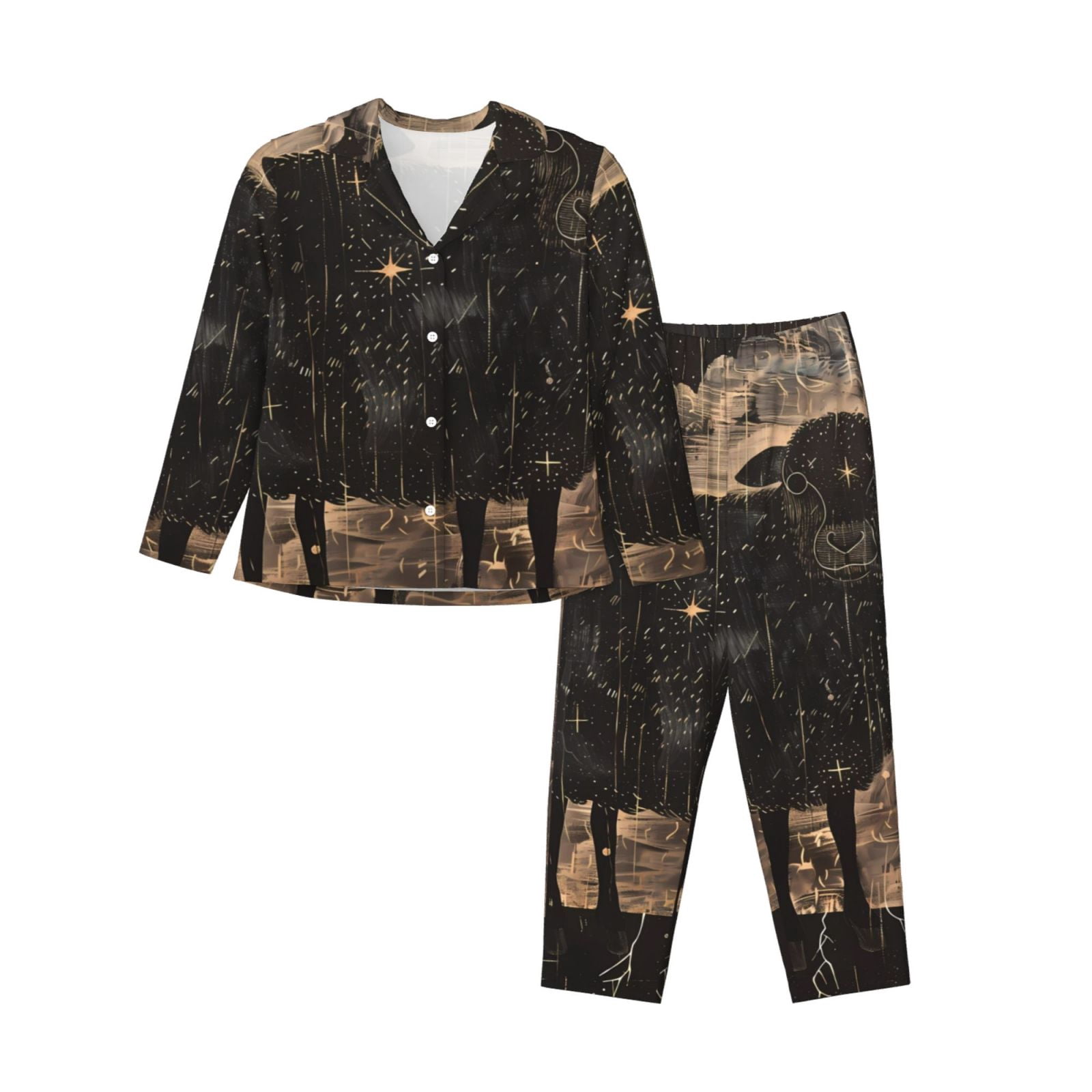 Adobk Starry Night Black Sheep Print Pajamas Set Long Sleeve Sleepwear ...