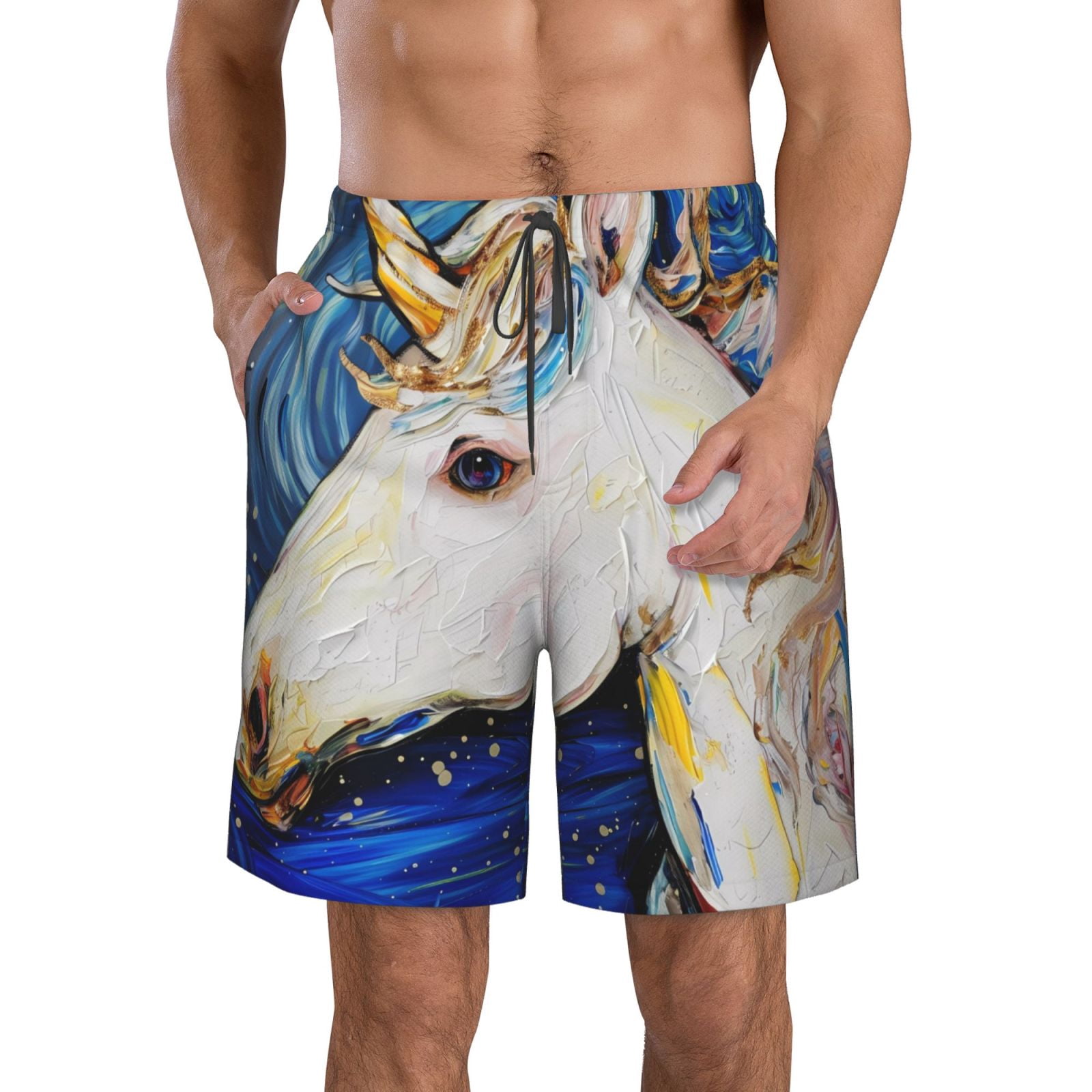 Adobk Starry White Horse Print Men's Swim Trunks Hawaiian Bathing Suit ...
