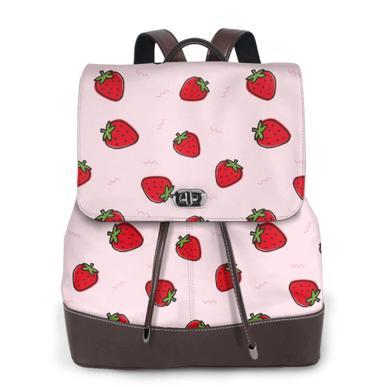 Adobk Strawberry Print Leather Backpack Vintage Laptop Bookbag for ...