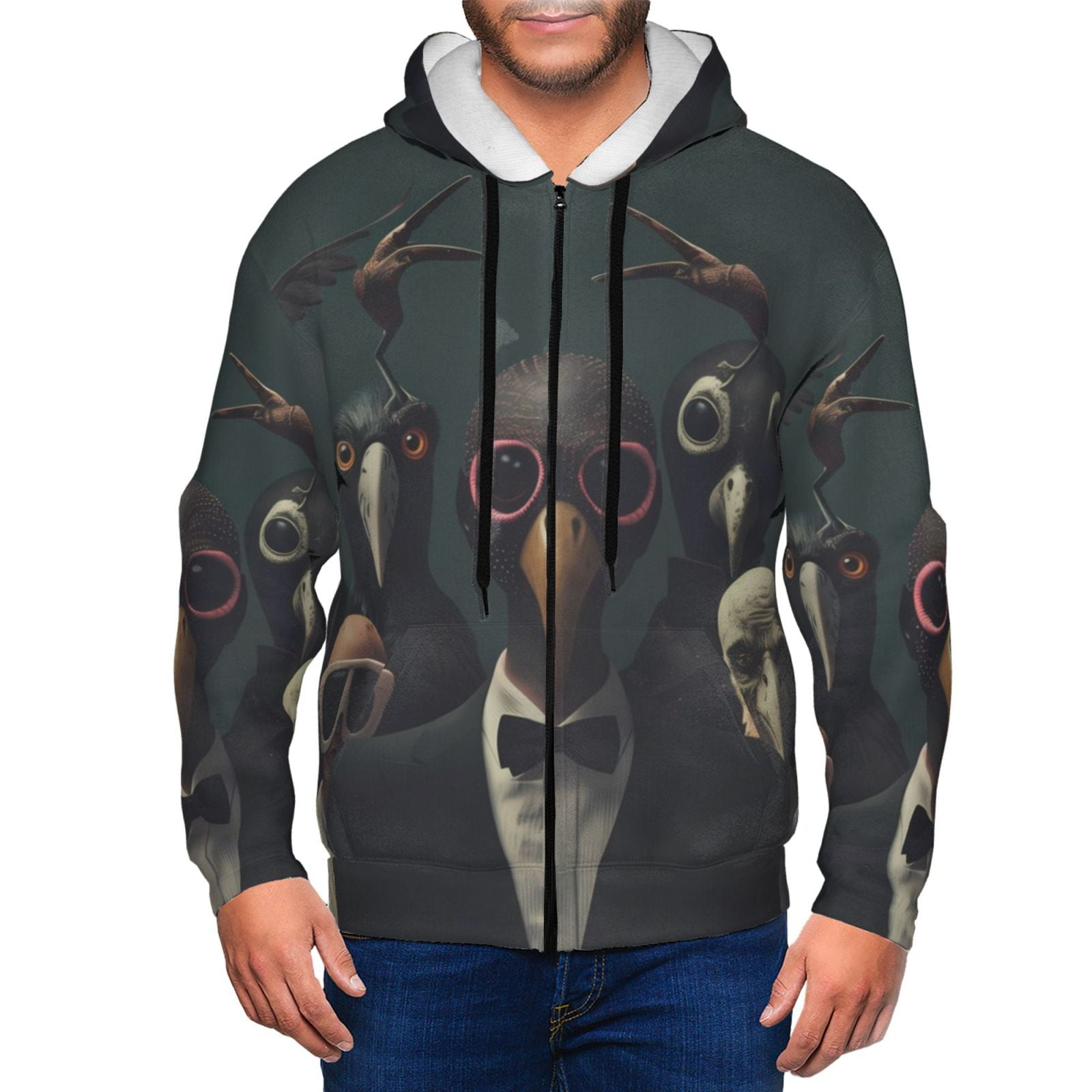 Adobk Stylish Avian Gathering Print Mens Full-zip Hoodie, Zip-up Hooded ...
