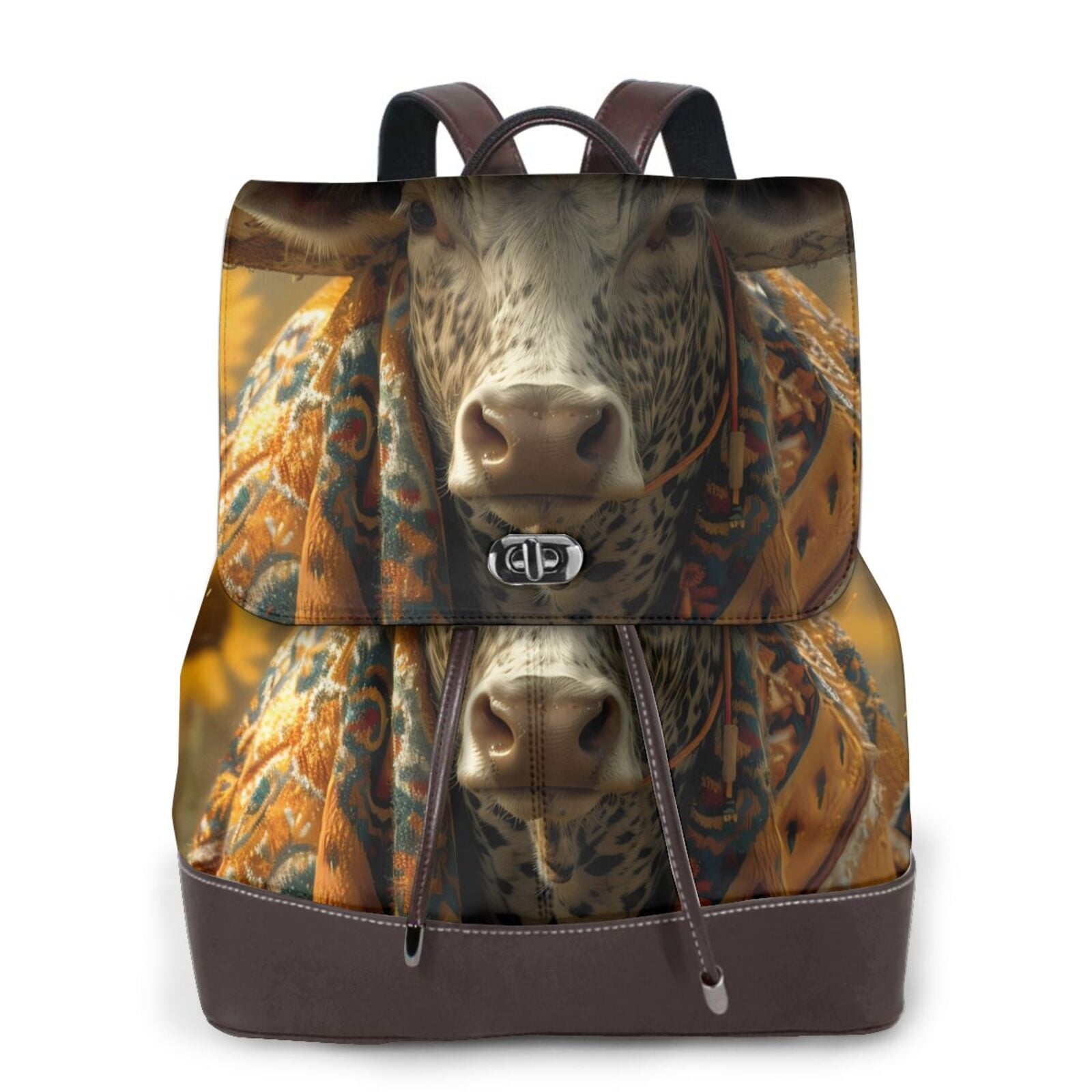 Adobk Sunflower Cowboy Hat Cow Print Leather Backpack Vintage Laptop ...
