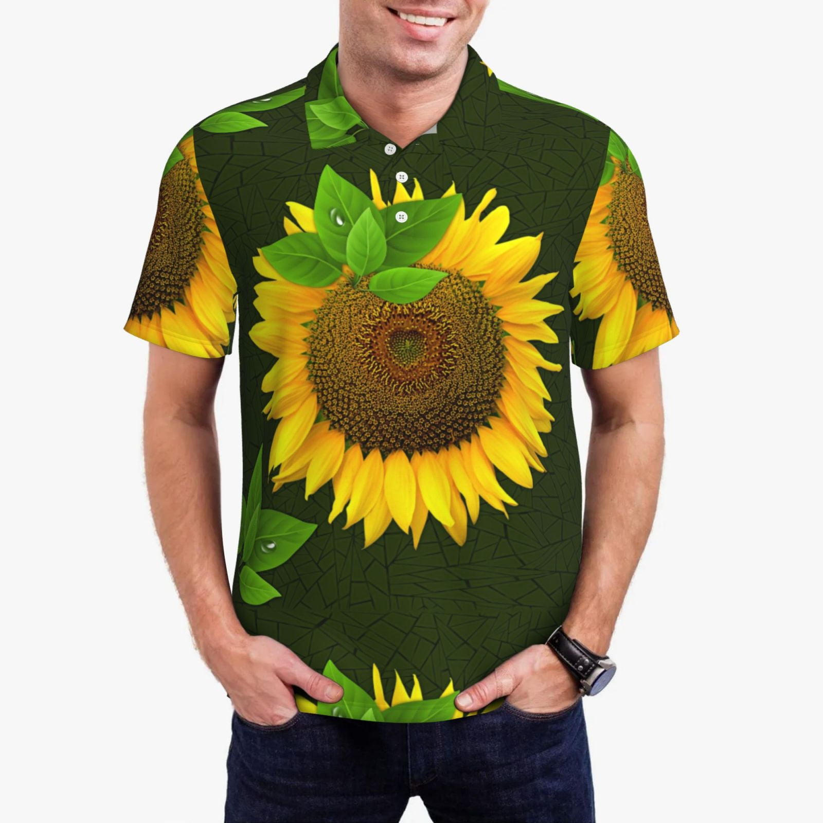 Adobk Sunflower Print Men’s Classic Polo Shirt Short Sleeve Shirts ...