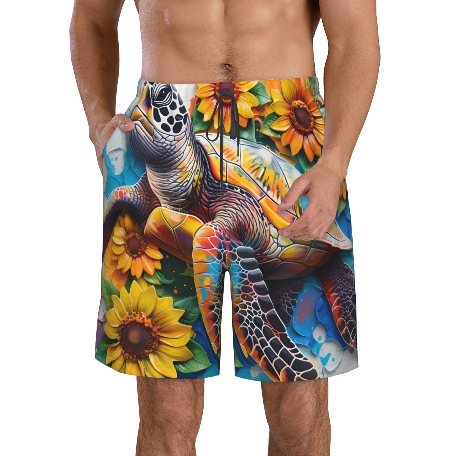 Adobk Sunflower Turtle Print Men's Swim Trunks Hawaiian Bathing Suit ...