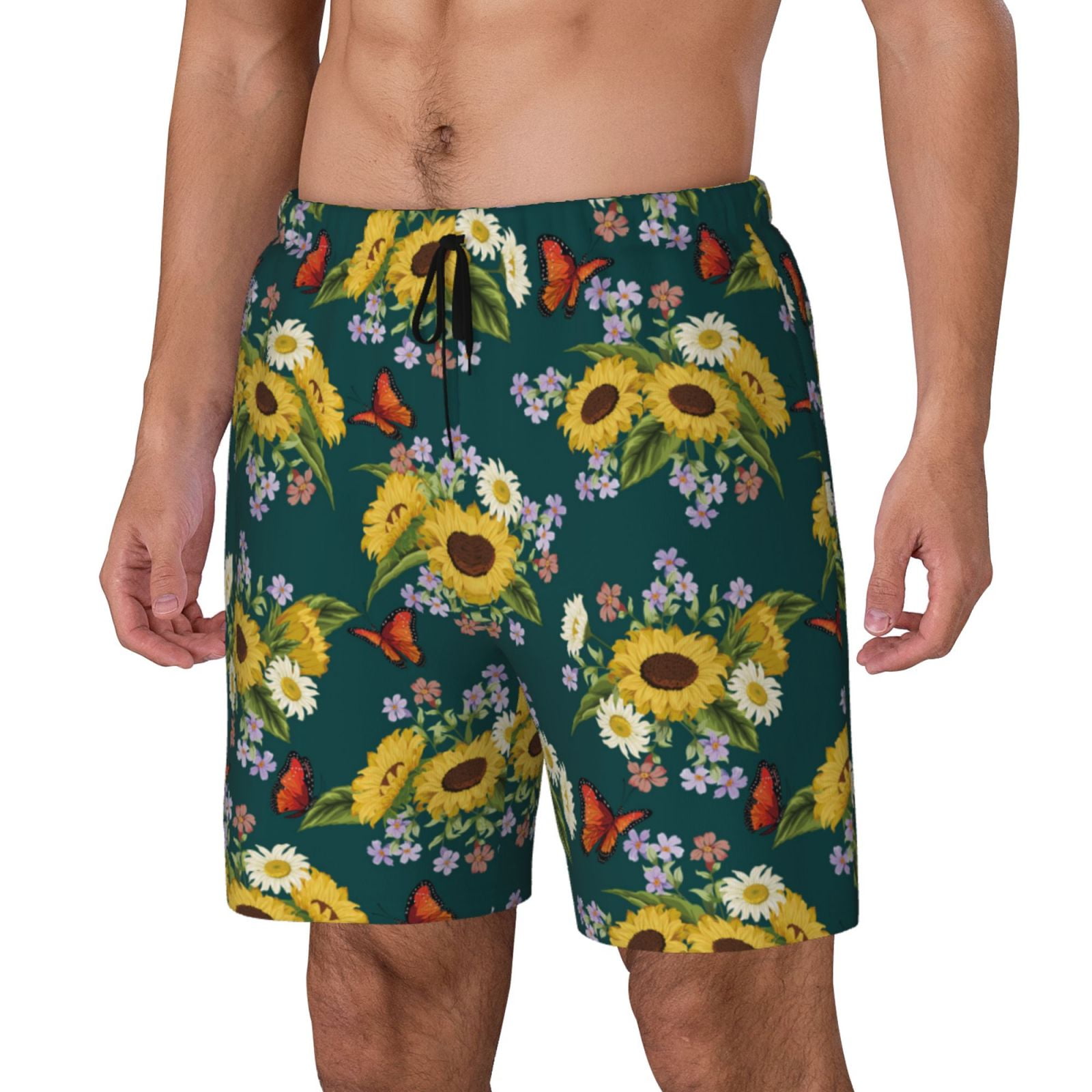 Adobk Sunflowers Print Men's Swim Trunks with Compression Liner Board ...