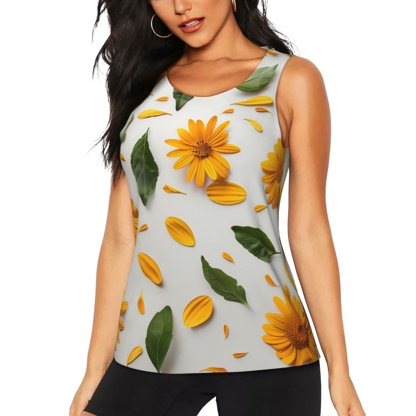 Adobk Sunny Yellow SunFlower Print Women's Workout Tank Top Racerback ...