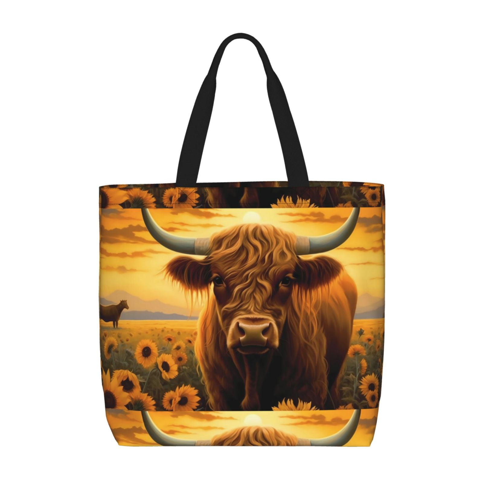 Adobk Sunset Sunflower Cow A Print Tote Bags Shoulder Bag Beach Bag ...