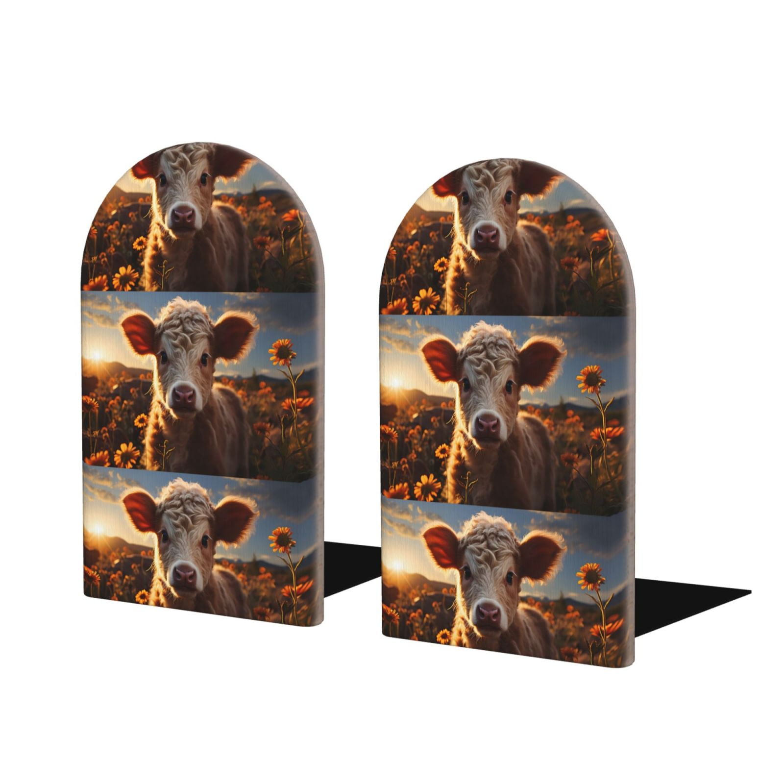 Adobk Sunset Sunflower Small Cow Print Wood,Non-Skid Bookend for ...