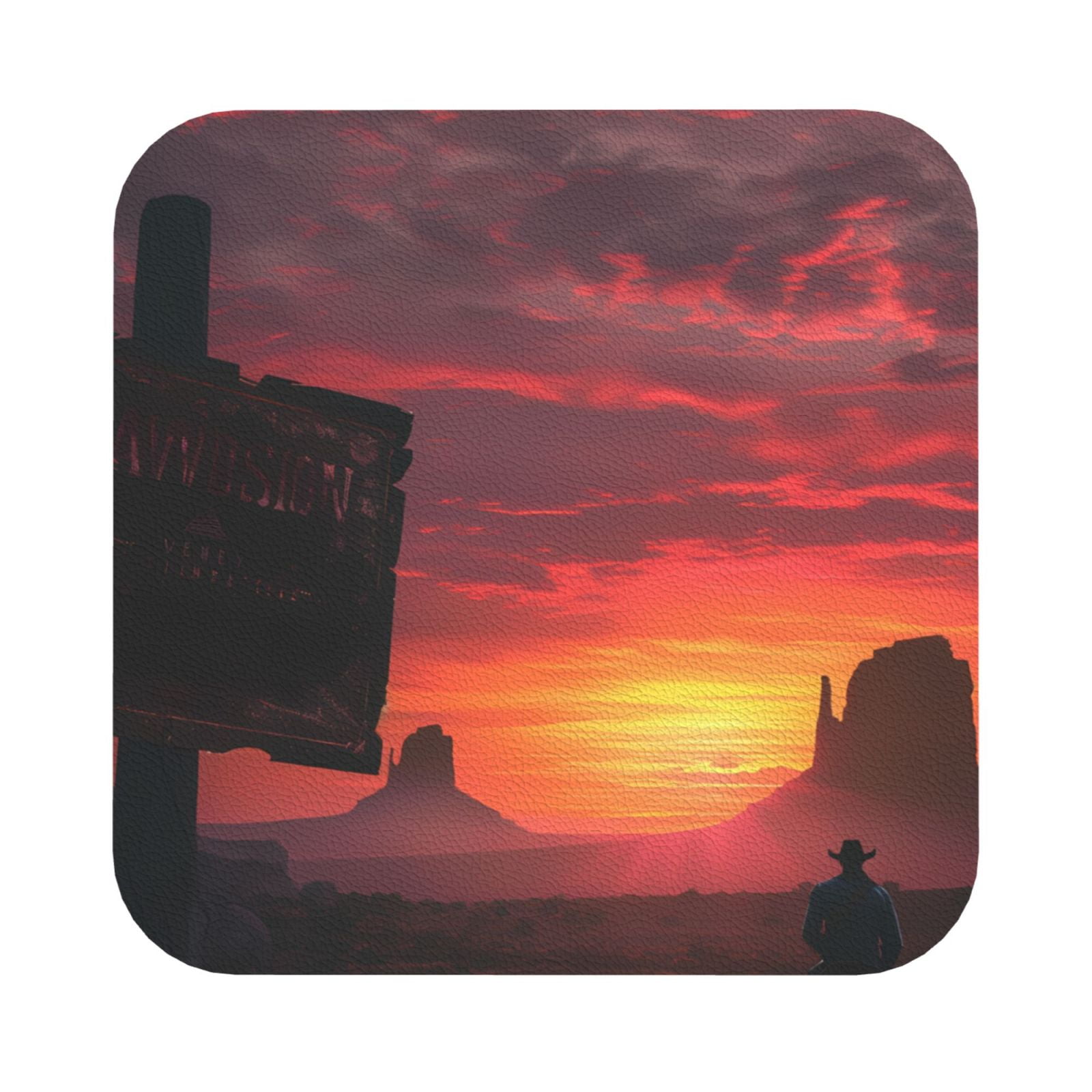 Adobk Sunset Western Desert Cowboy Print Leather Coasters for Drinks(6 ...