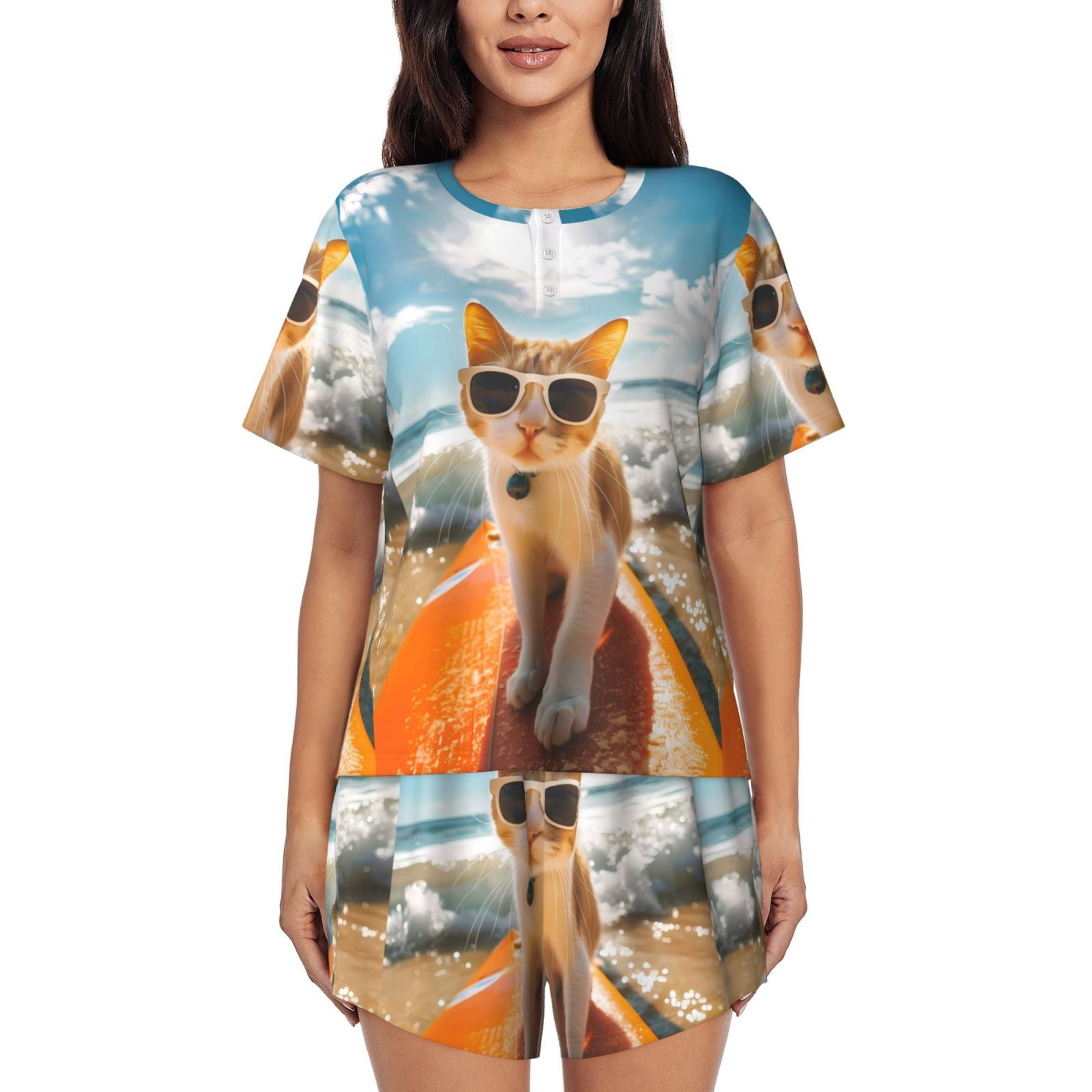 Adobk Surfing Cat Sun Print Women Pajamas Sets for Short-Sleeved，Shorts ...