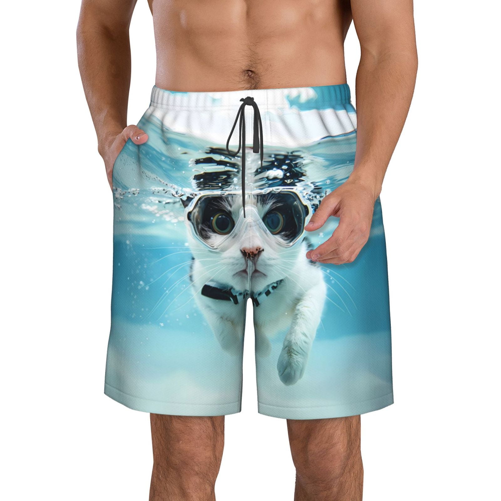 Adobk Swimming Cat Goggles Print Men's Swim Trunks Hawaiian Bathing ...