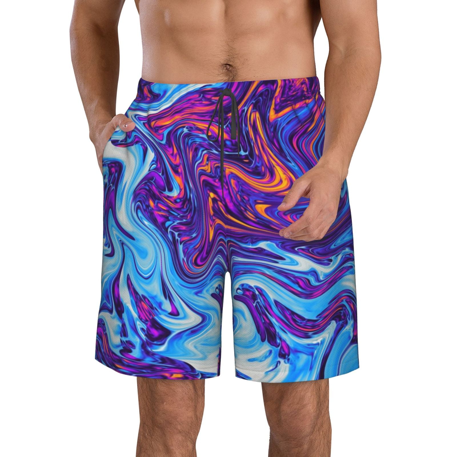 Adobk Swirl Print Blue Purple Print Men's Swim Trunks Hawaiian Bathing ...