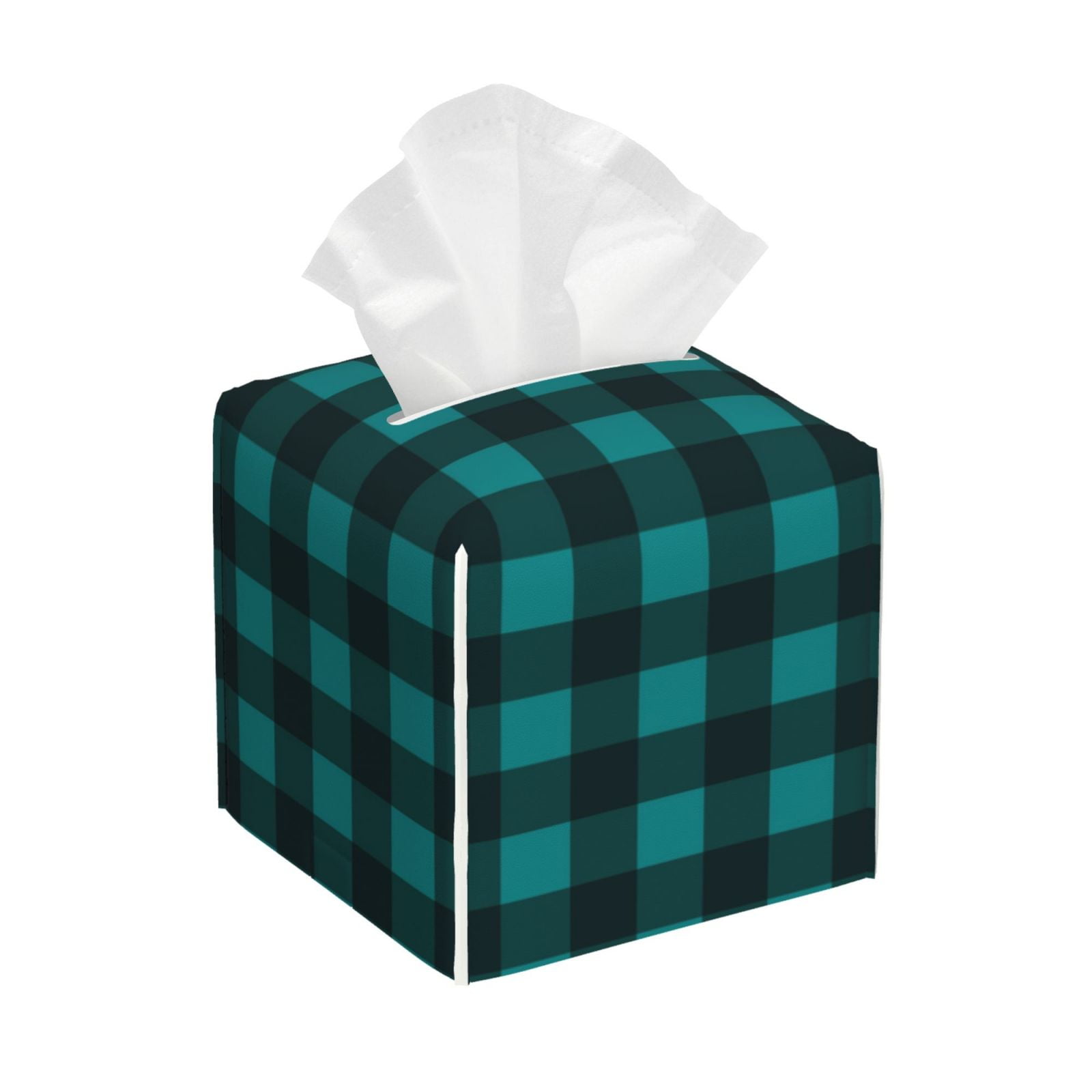 Adobk Teal On Black Plaid Print Tissue Box Cover, Square PU Leather ...
