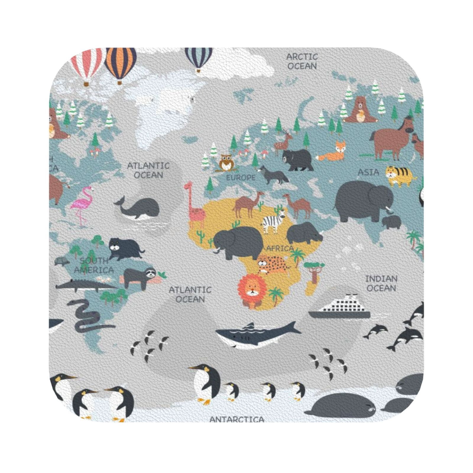 Adobk The World Map with Cartoon Animals Print Leather Coasters for ...