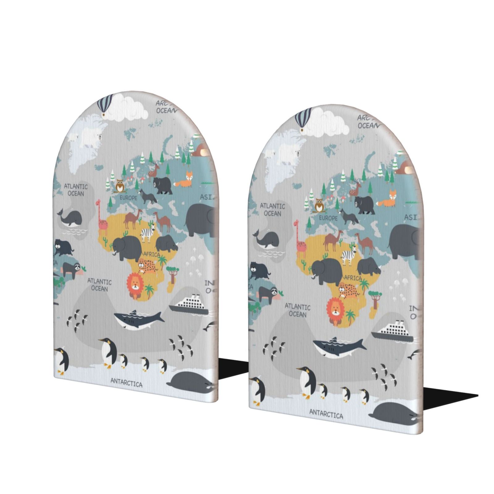 Adobk The World Map with Cartoon Animals Print Wooden Bookends with ...