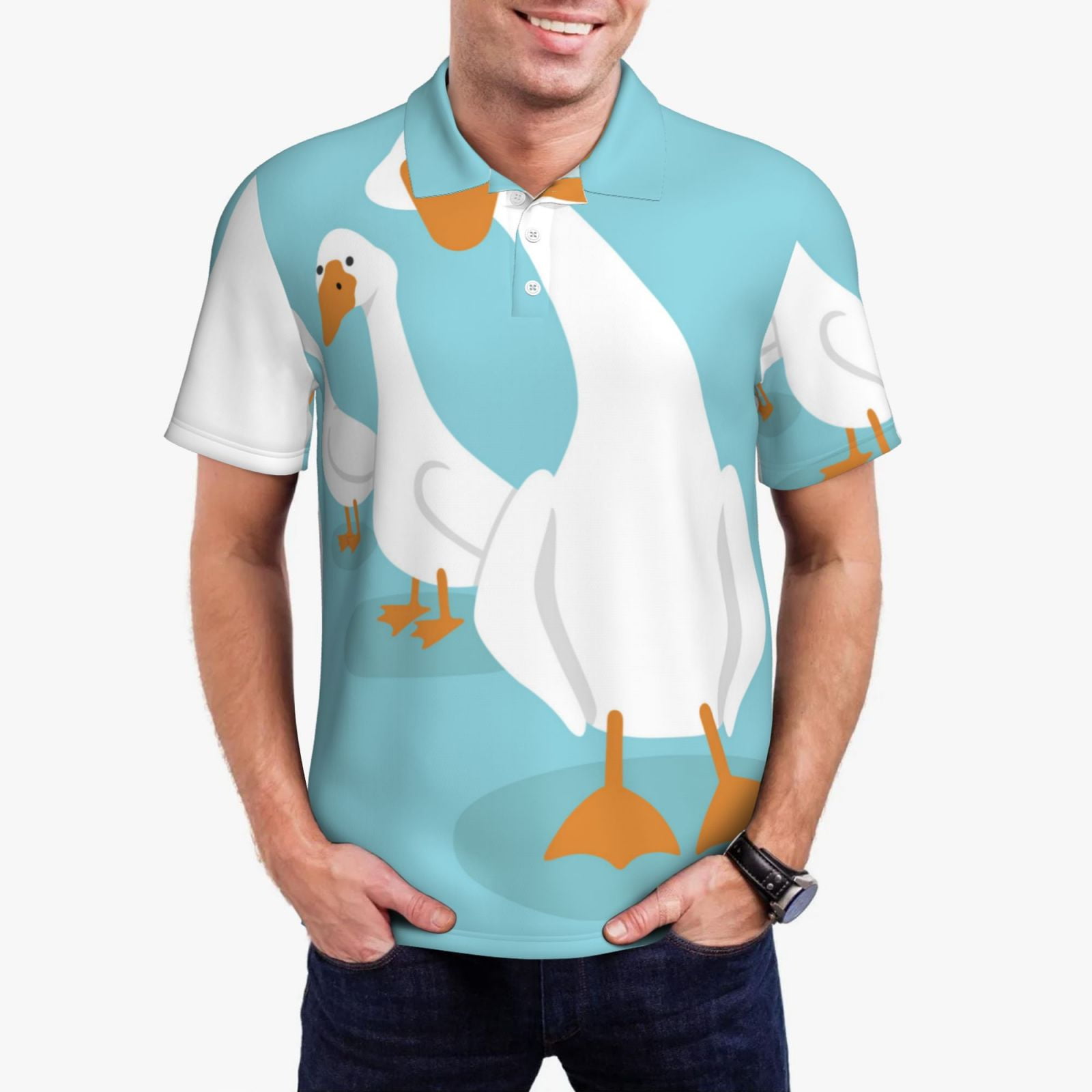 Adobk Three White Geese Print Men’s Classic Polo Shirt Short Sleeve ...