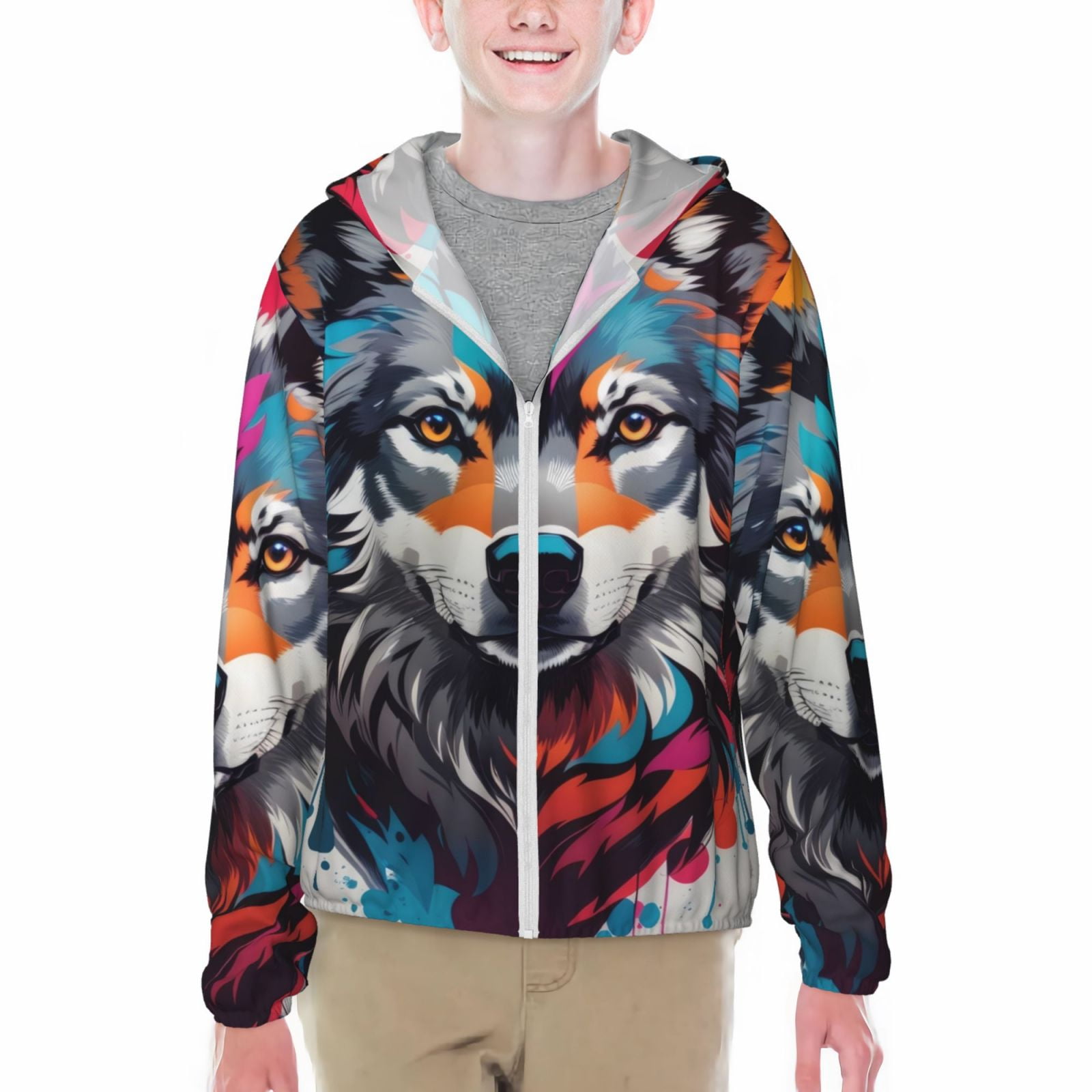 Adobk Tie-Dye Wolf Head Print Rash Guard Long Sleeve UPF 50+ UV ...