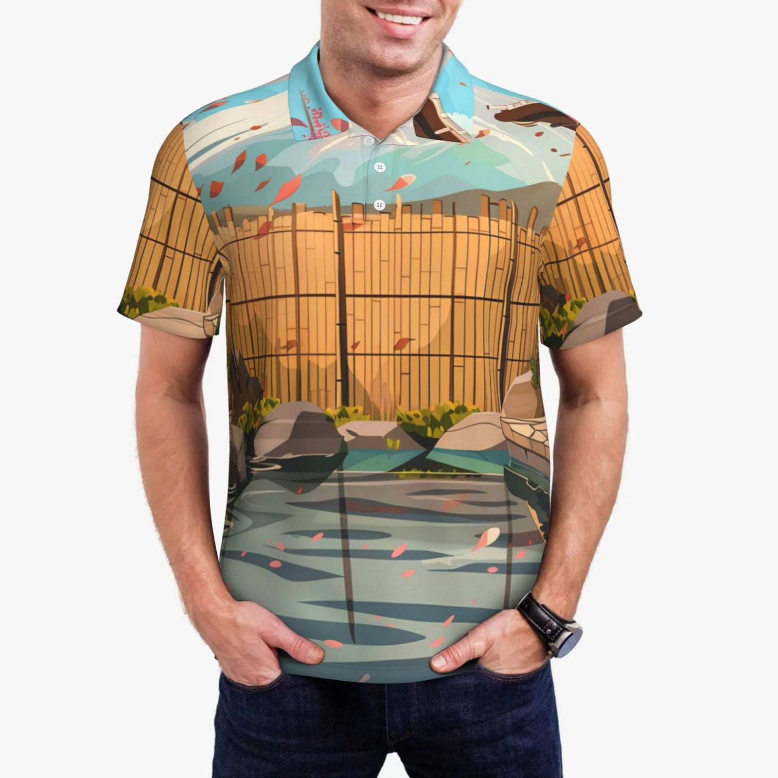 Adobk Tranquil Garden Landscape Print Men’s Classic Polo Shirt Short ...