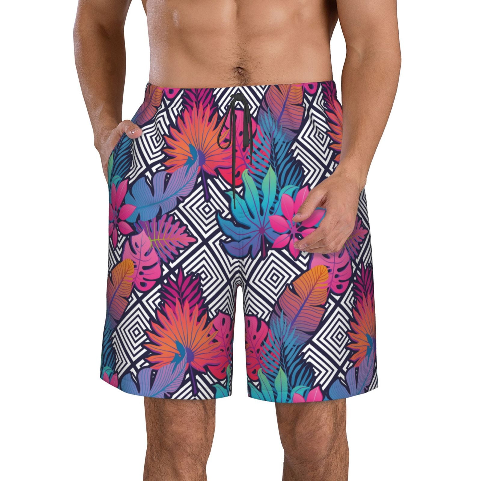 Adobk Tropical Leaves Print Men's Swim Trunks Hawaiian Bathing Suit ...