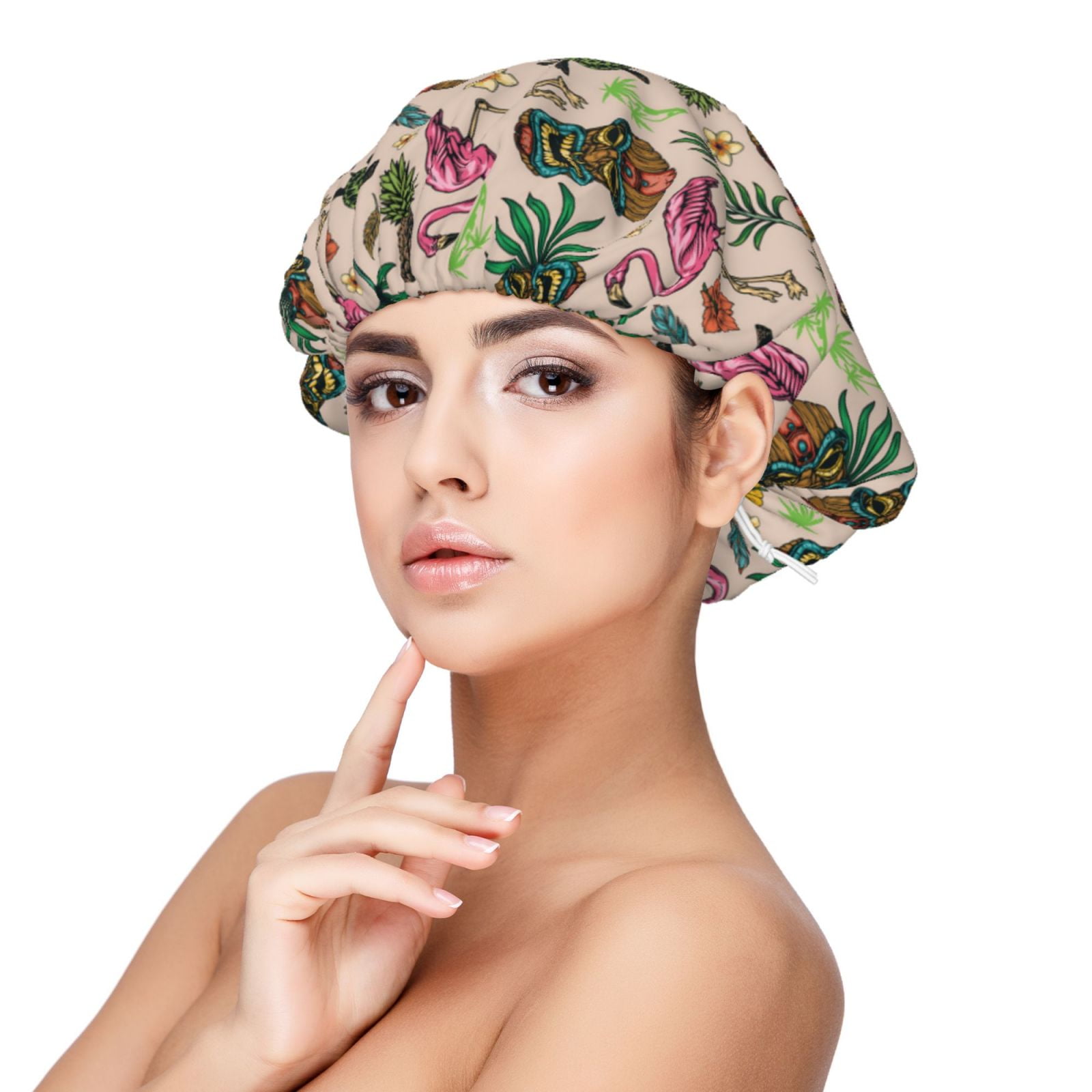 Adobk Tropical Mask Flamingo Print Satin Bonnet, Night Sleep Caps with ...