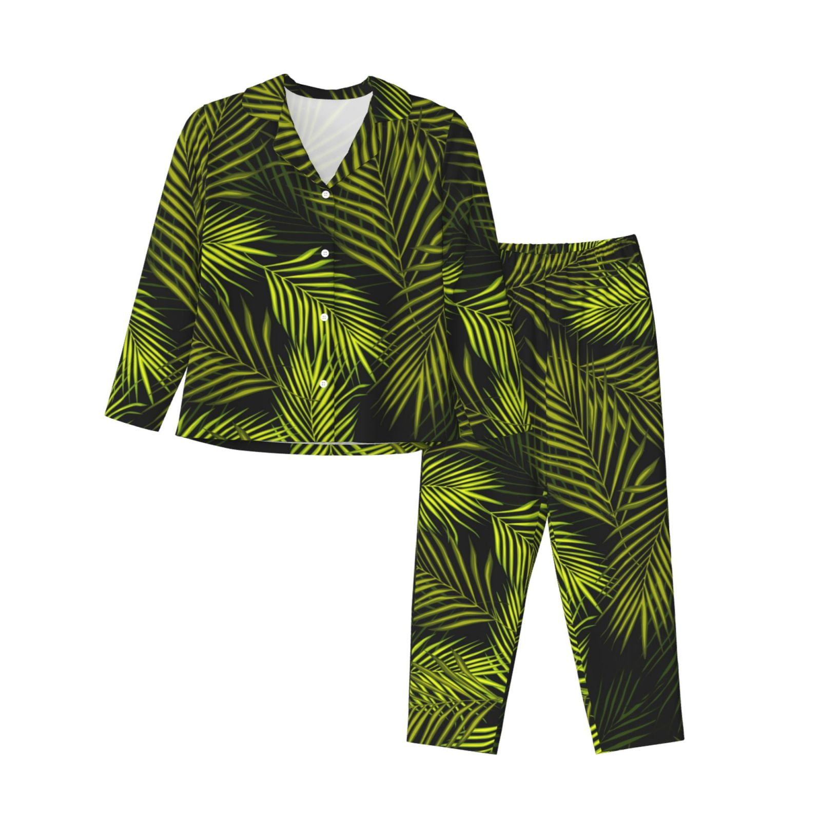 Adobk Tropical Palm Leaves Fern Leaf Print Pajamas Set Long Sleeve Sleepwear Womens Button Down ...