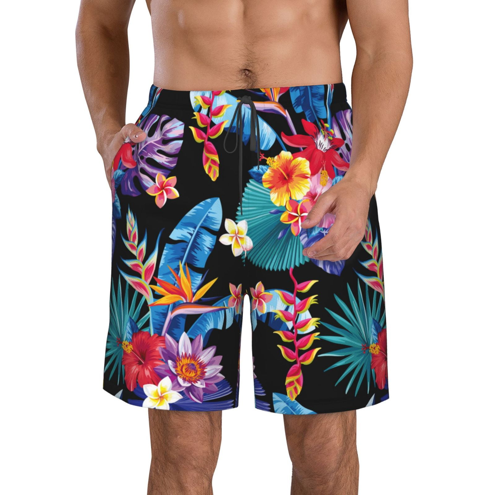 Adobk Tropical Palm Leaves Print Men's Swim Trunks Hawaiian Bathing ...