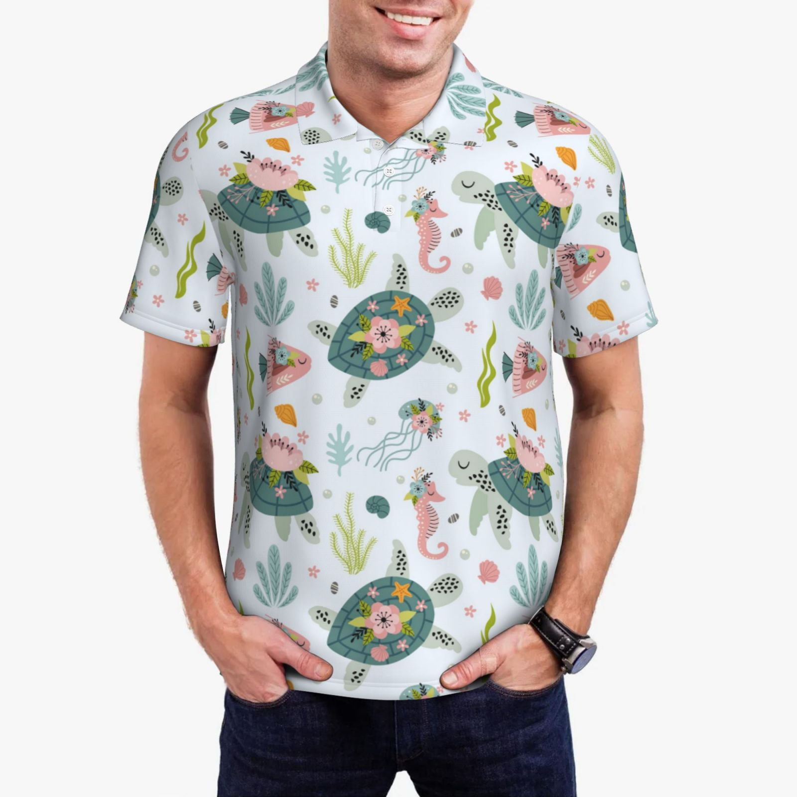 Adobk Turtle and Sea Life Print Men’s Classic Polo Shirt Short Sleeve ...