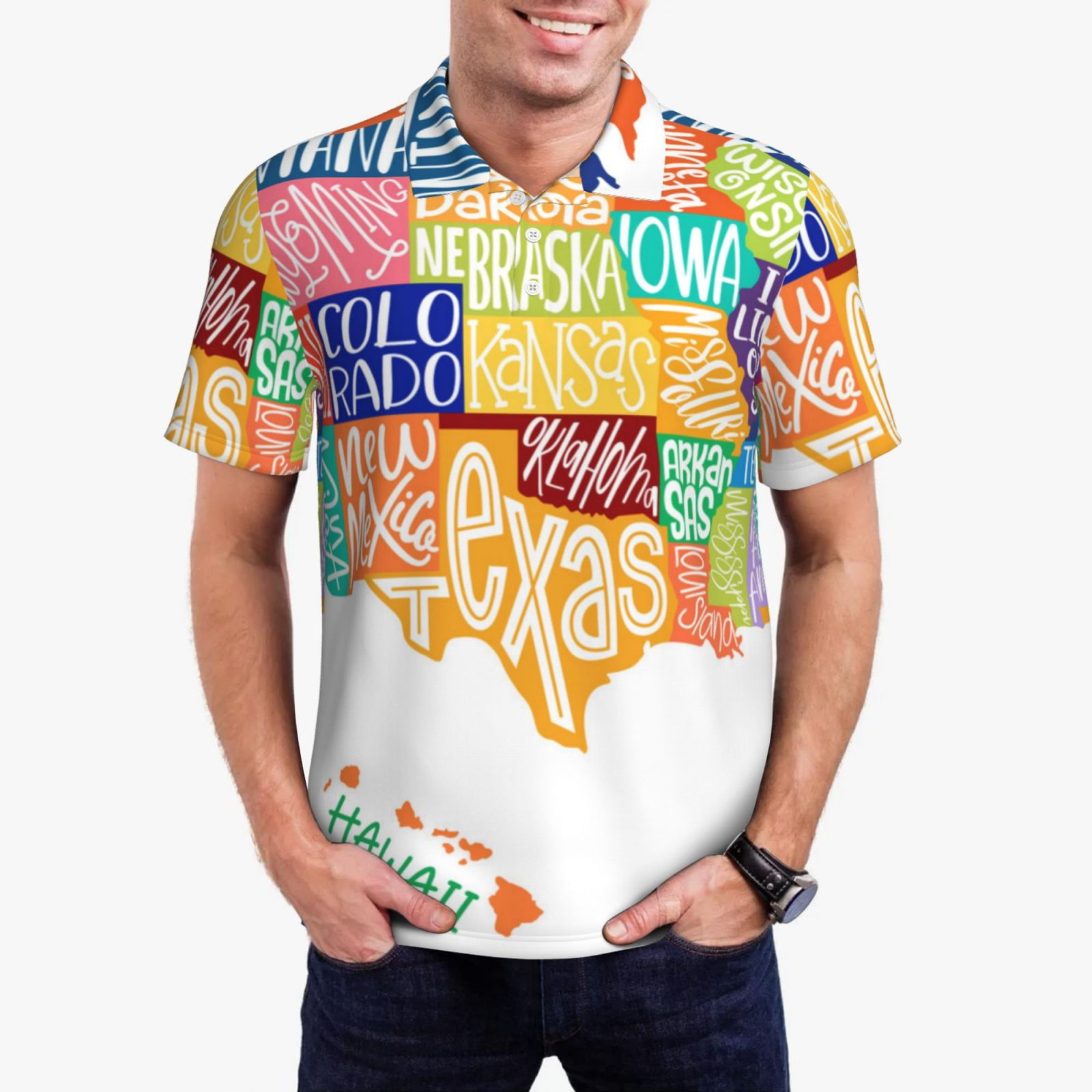 Adobk USA MAP Print Men’s Classic Polo Shirt Short Sleeve Shirts ...