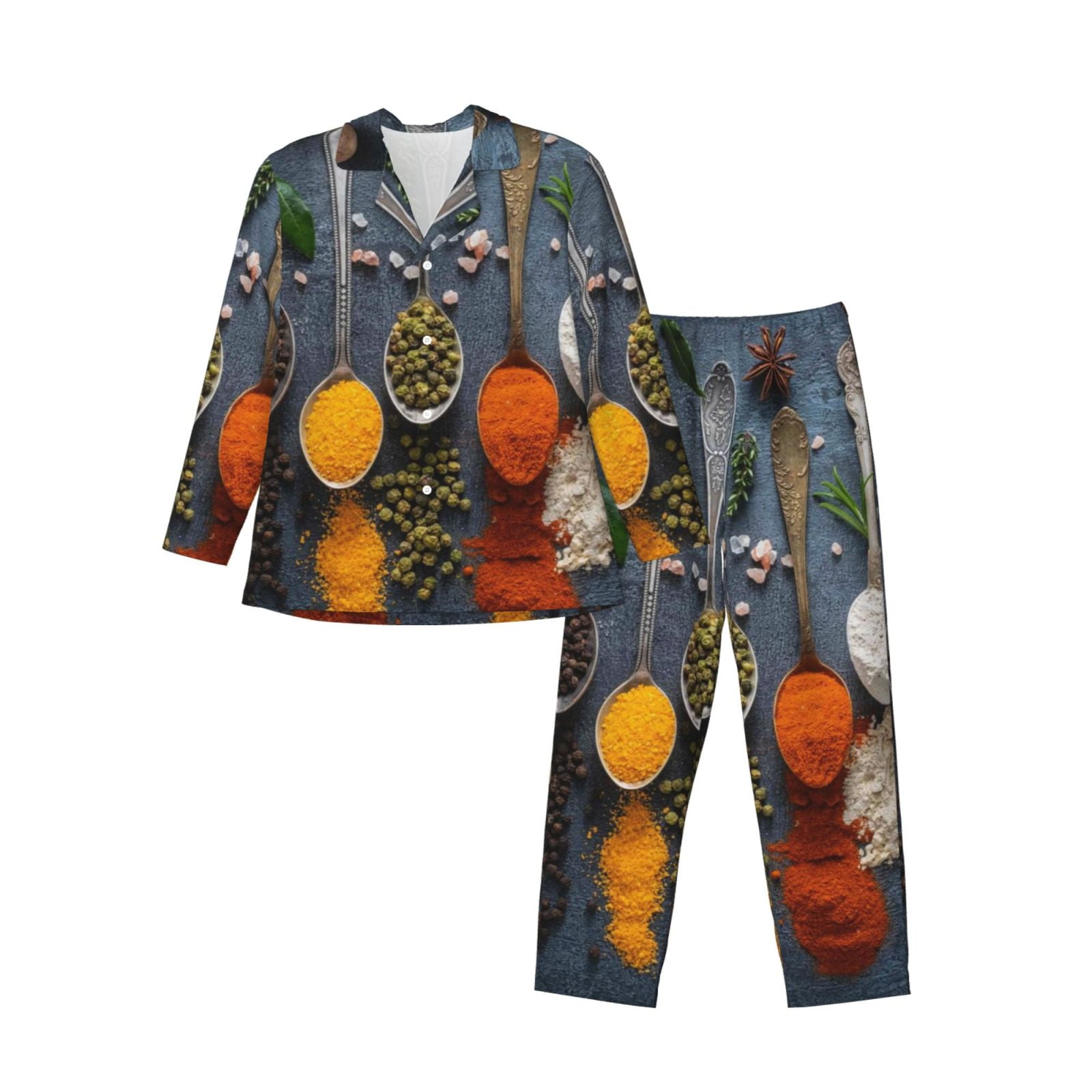 Adobk Various Herbs And Spices In Spoons Print Mens Pajamas Set Long ...