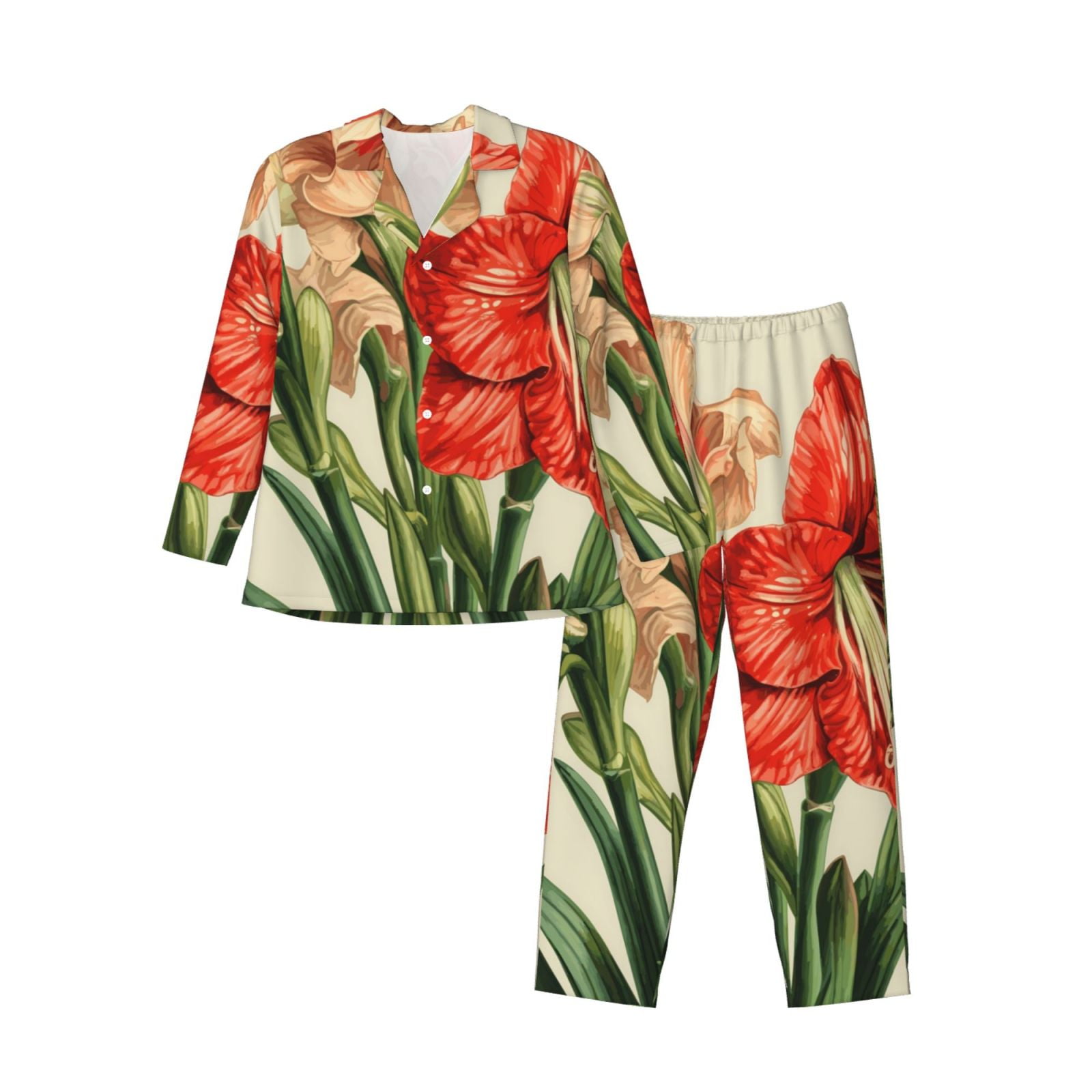 Adobk Vibrant Amaryllis Flowers Print Mens Pajamas Set Long Sleeve Soft ...