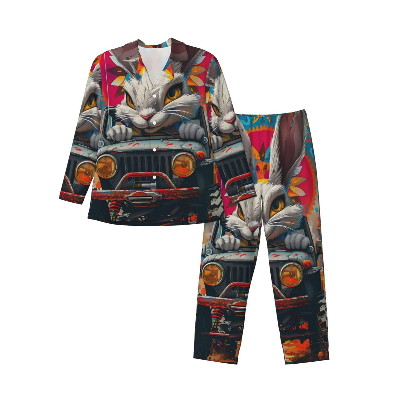 Adobk Vibrant Bunny Ride Print Mens Pajamas Set Long Sleeve Soft ...