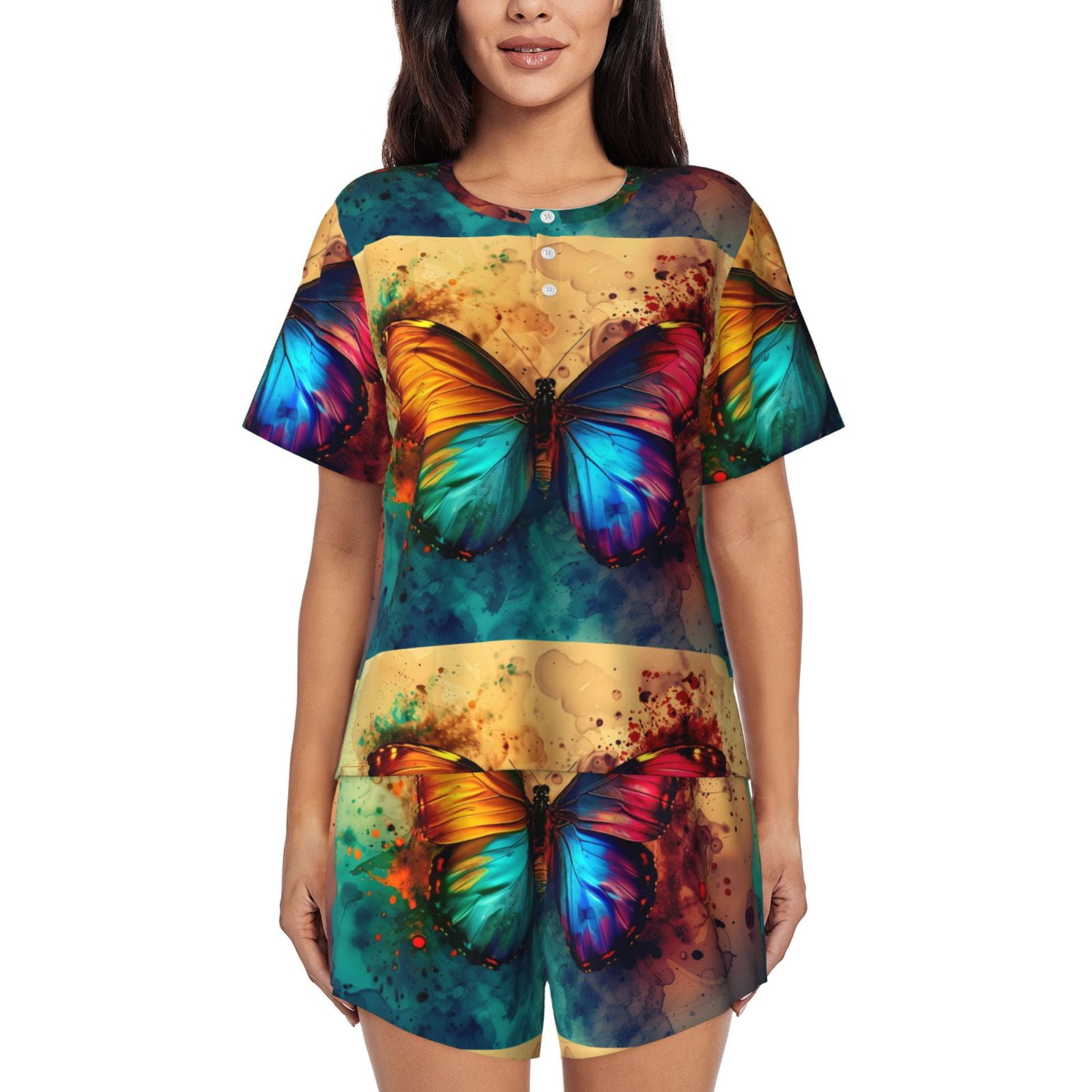 Adobk Vibrant Rainbow Butterfly A Print Women Pajamas Sets for Short ...