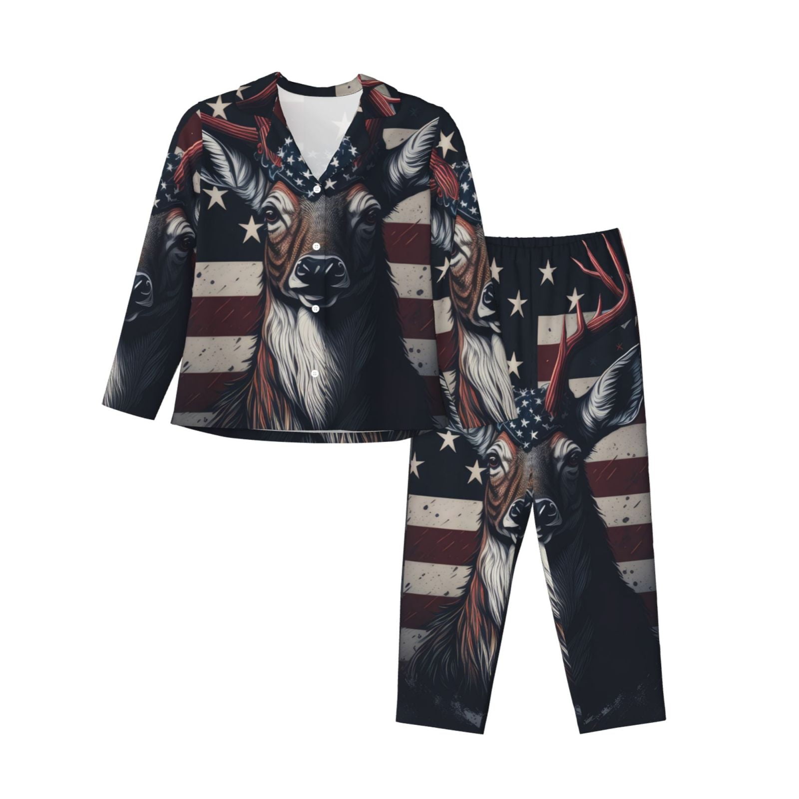 Adobk Vintage American Deer Print Pajamas Set Long Sleeve Sleepwear ...