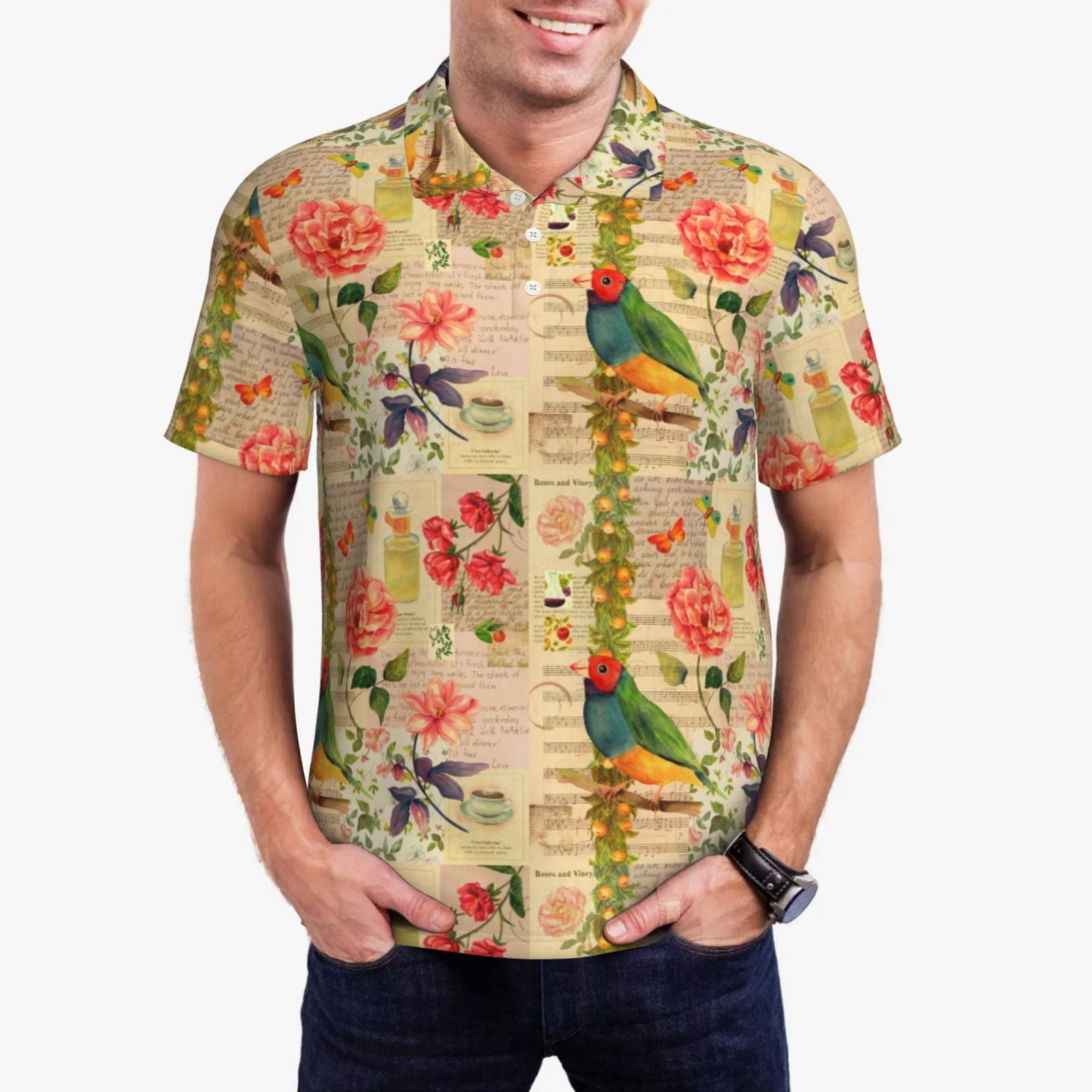 Adobk Vintage Bird Print Men’s Classic Polo Shirt Short Sleeve Shirts ...