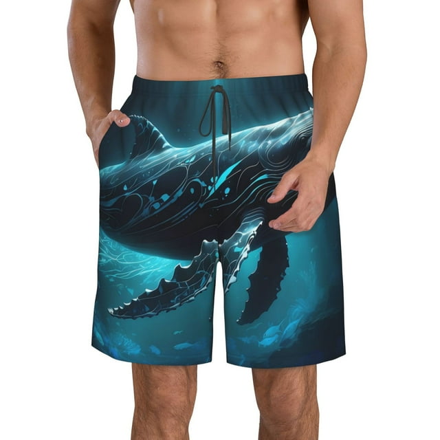 Adobk Vintage Blue Pattern Whale Print Men's Swim Trunks Hawaiian ...