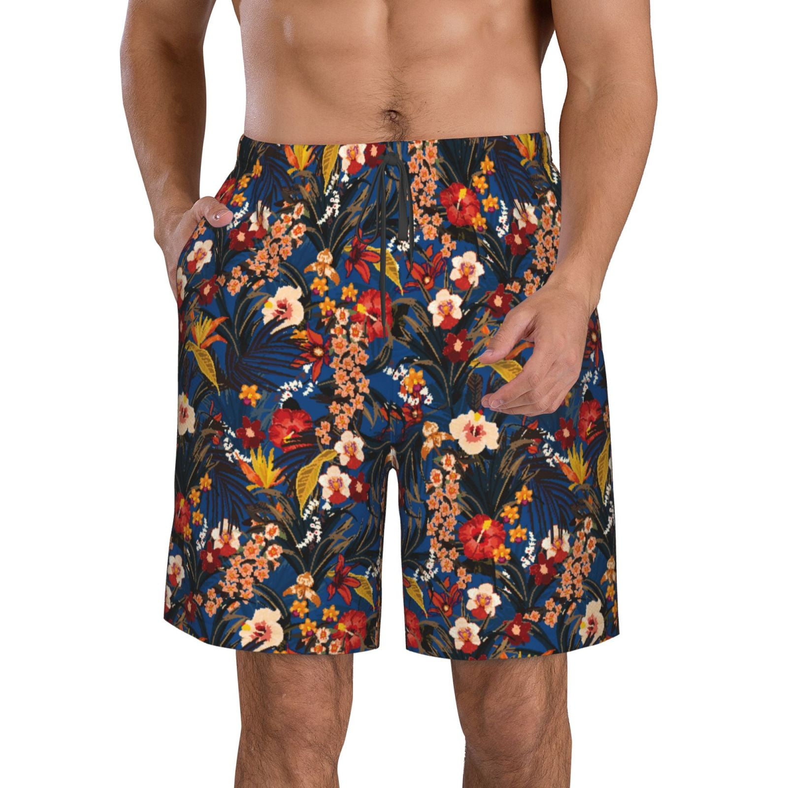 Adobk Vintage Floral Print Men's Swim Trunks Hawaiian Bathing Suit ...