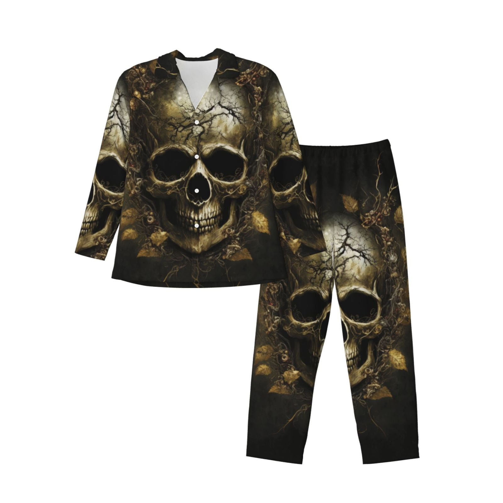 Adobk Vintage Gold Leaf Skull Print Mens Pajamas Set Long Sleeve Soft ...