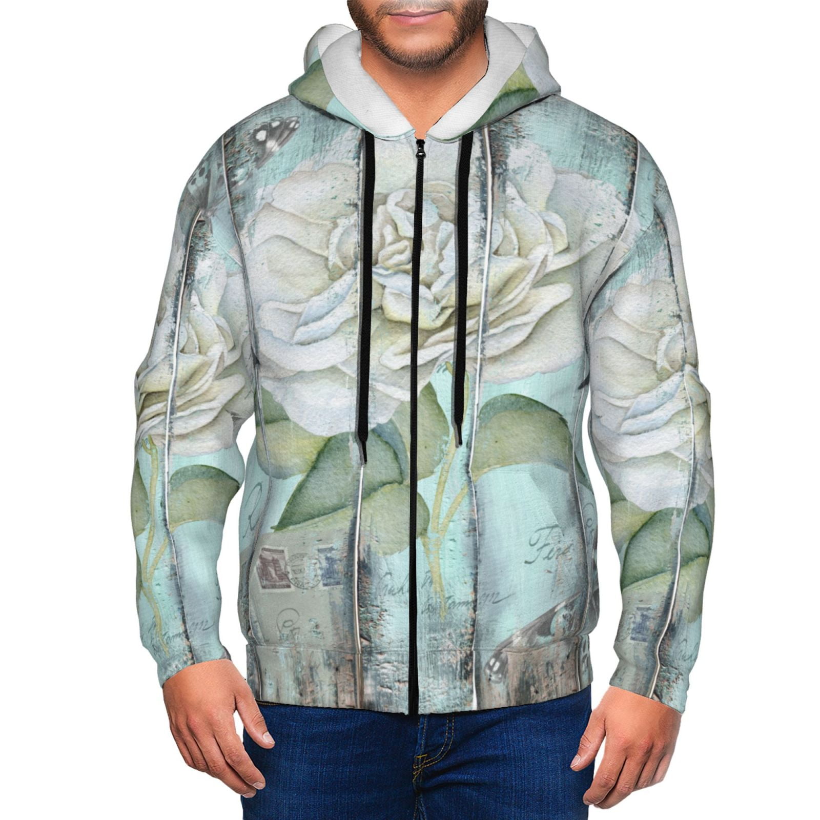 Adobk Vintage Rose1 Print Mens Full-zip Hoodie, Zip-up Hooded ...