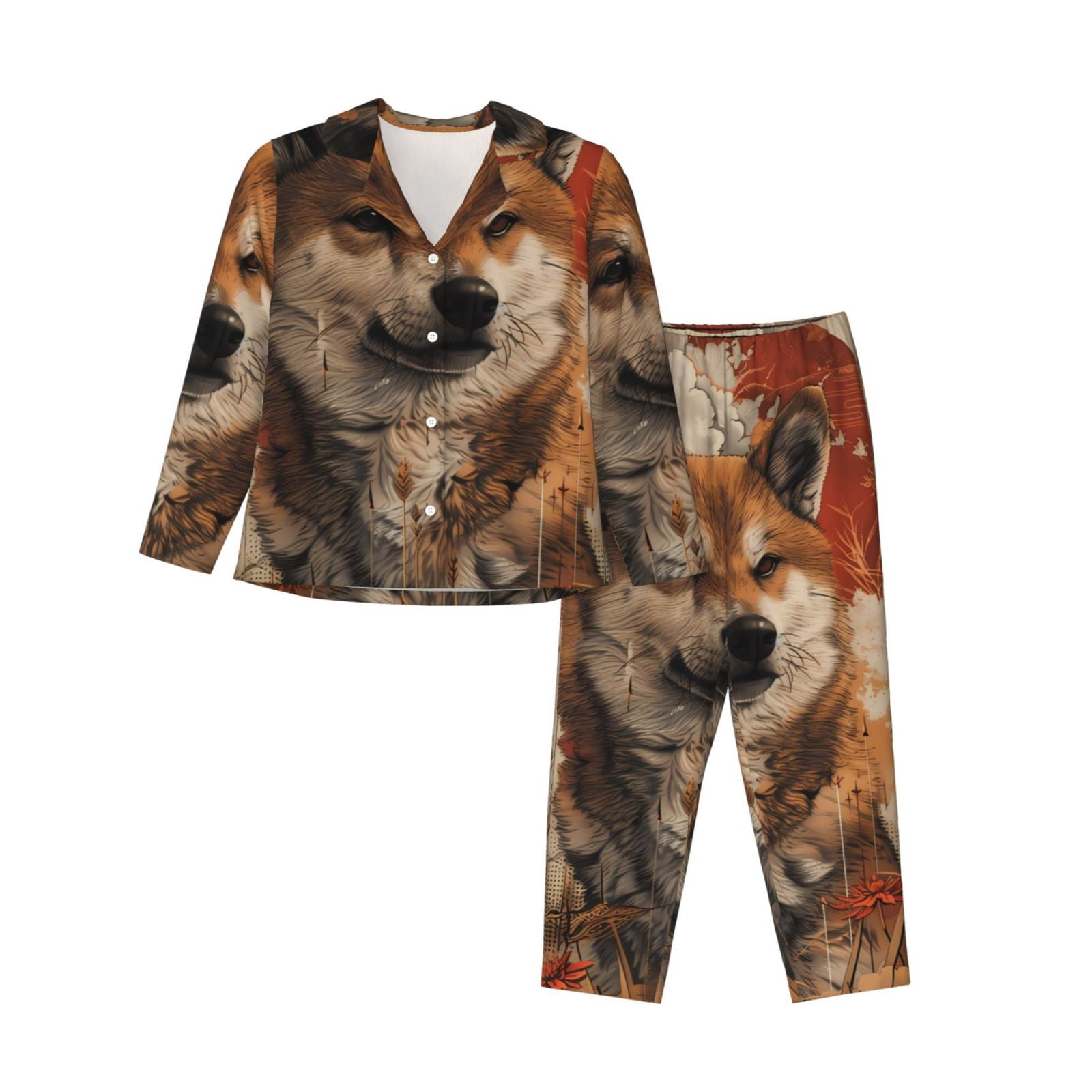 Adobk Vintage Shiba Inu Art Print Pajamas Set Long Sleeve Sleepwear ...