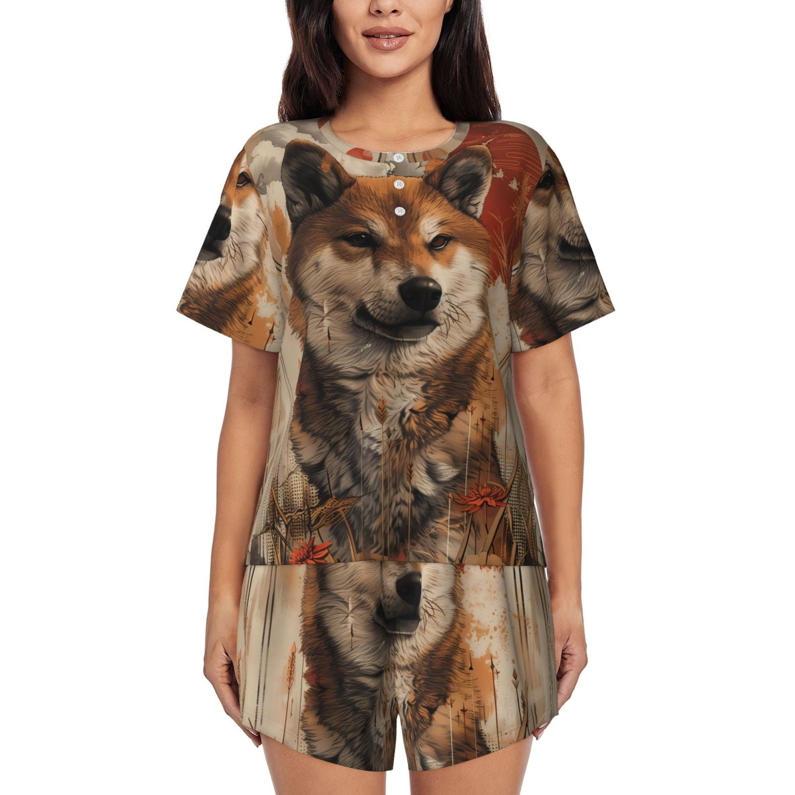 Adobk Vintage Shiba Inu Art Print Women Pajamas Sets for Short-Sleeved ...