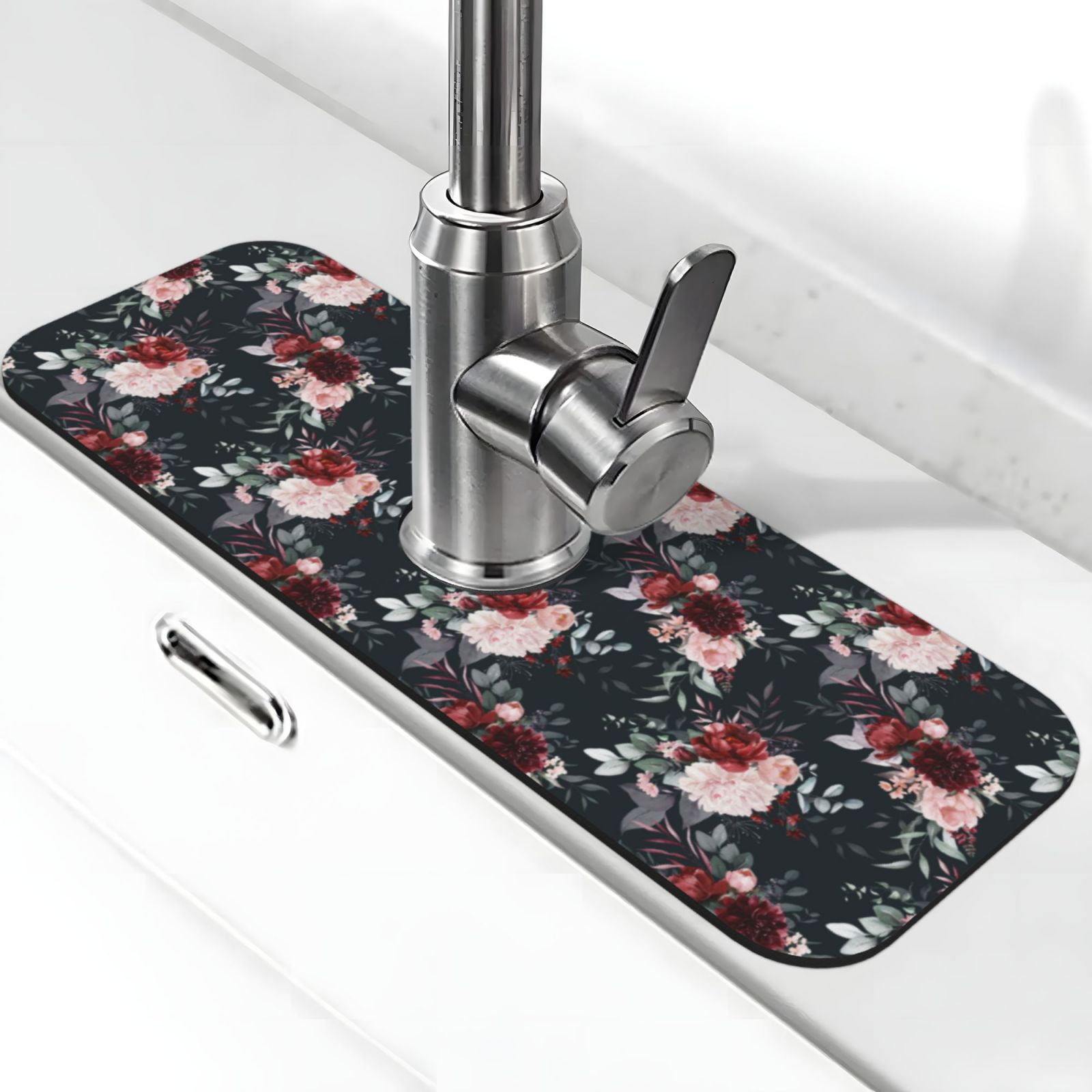 Adobk Watercolor Floral Print Faucet Mat for Kitchen Sink,Sink Splash ...