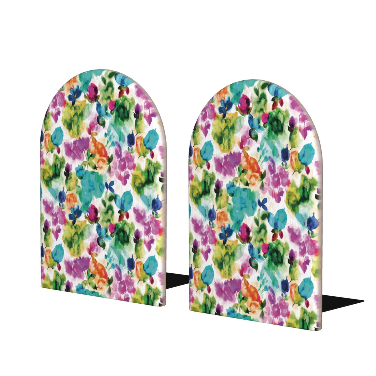 Adobk Watercolor Flowers Print Wooden Bookends with Metal Base,on-Skid ...