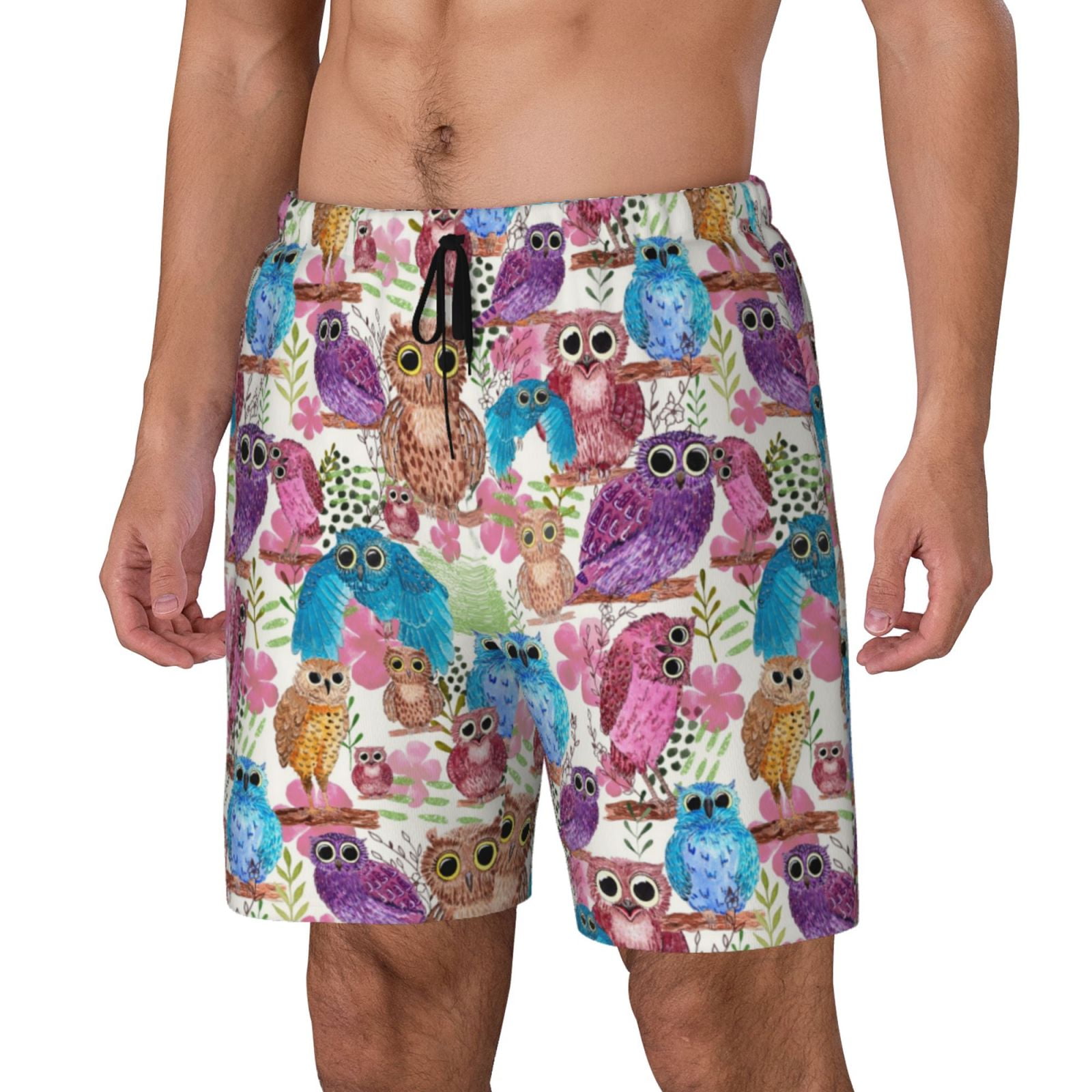 Adobk Watercolor Owl Print Men's Swim Trunks with Compression Liner ...