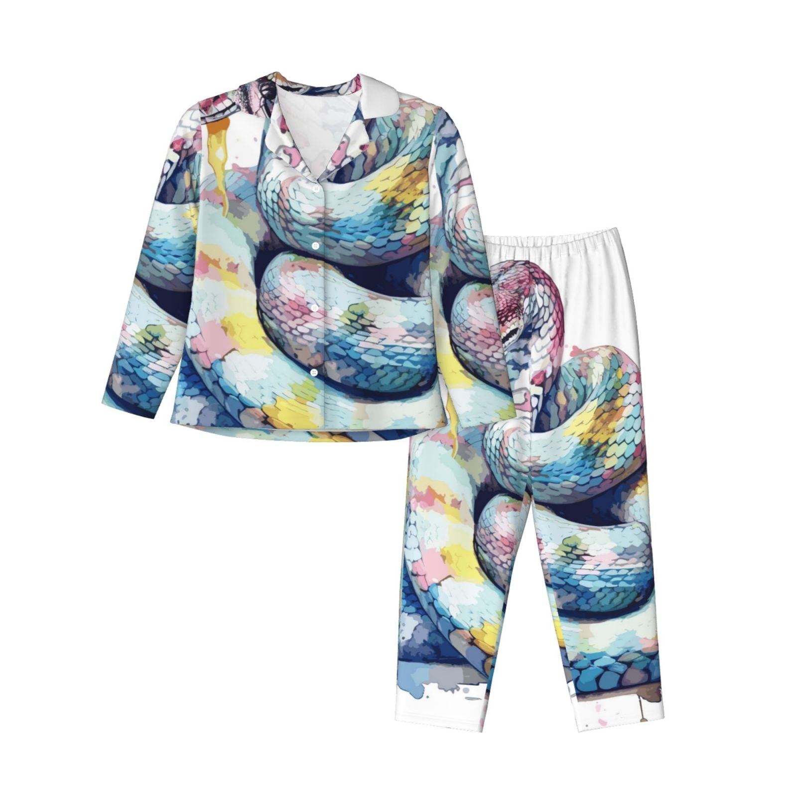 Adobk Watercolor Snake Print Pajamas Set Long Sleeve Sleepwear Womens ...