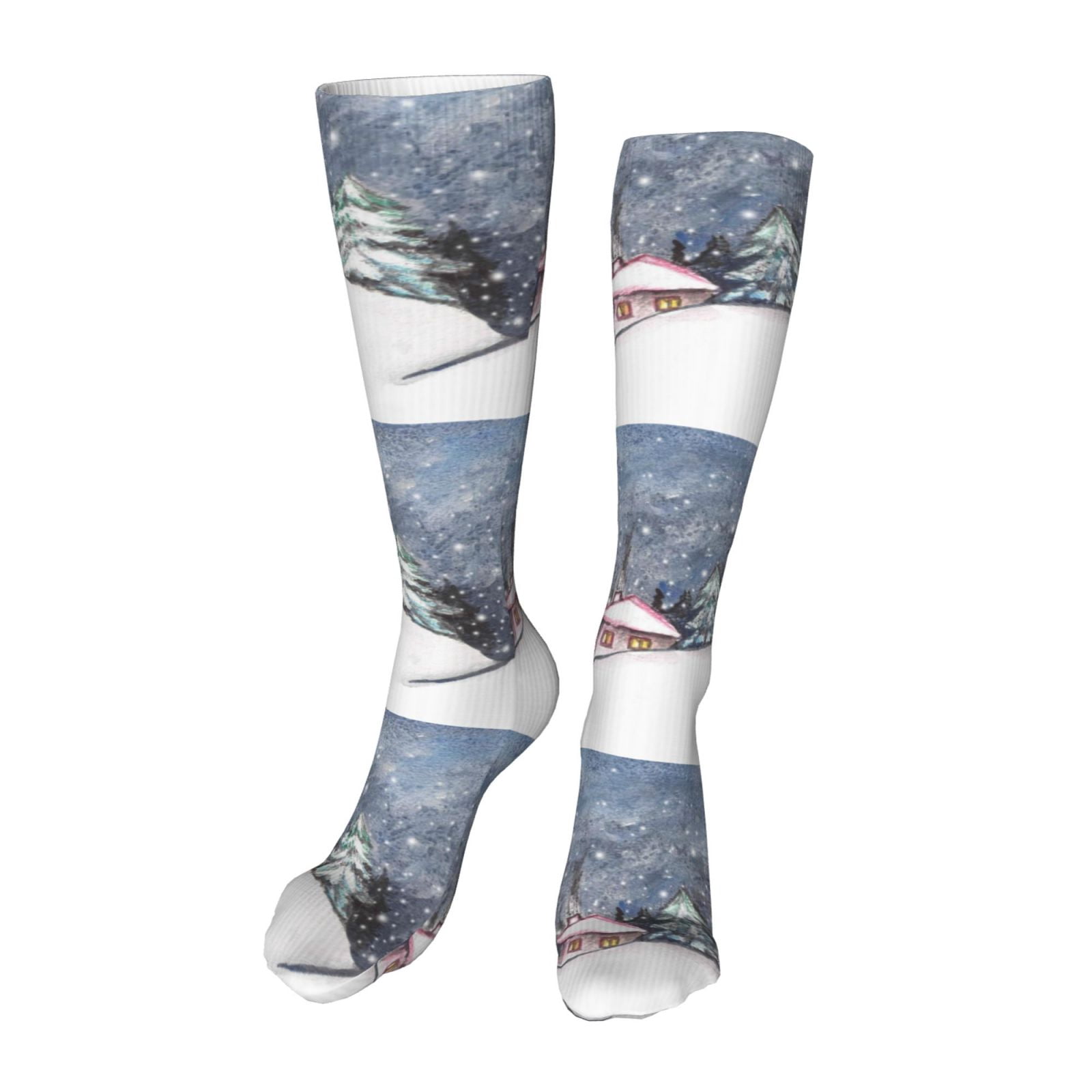 Adobk Watercolor Winter Landscape For Christmas Print Knee High Socks ...