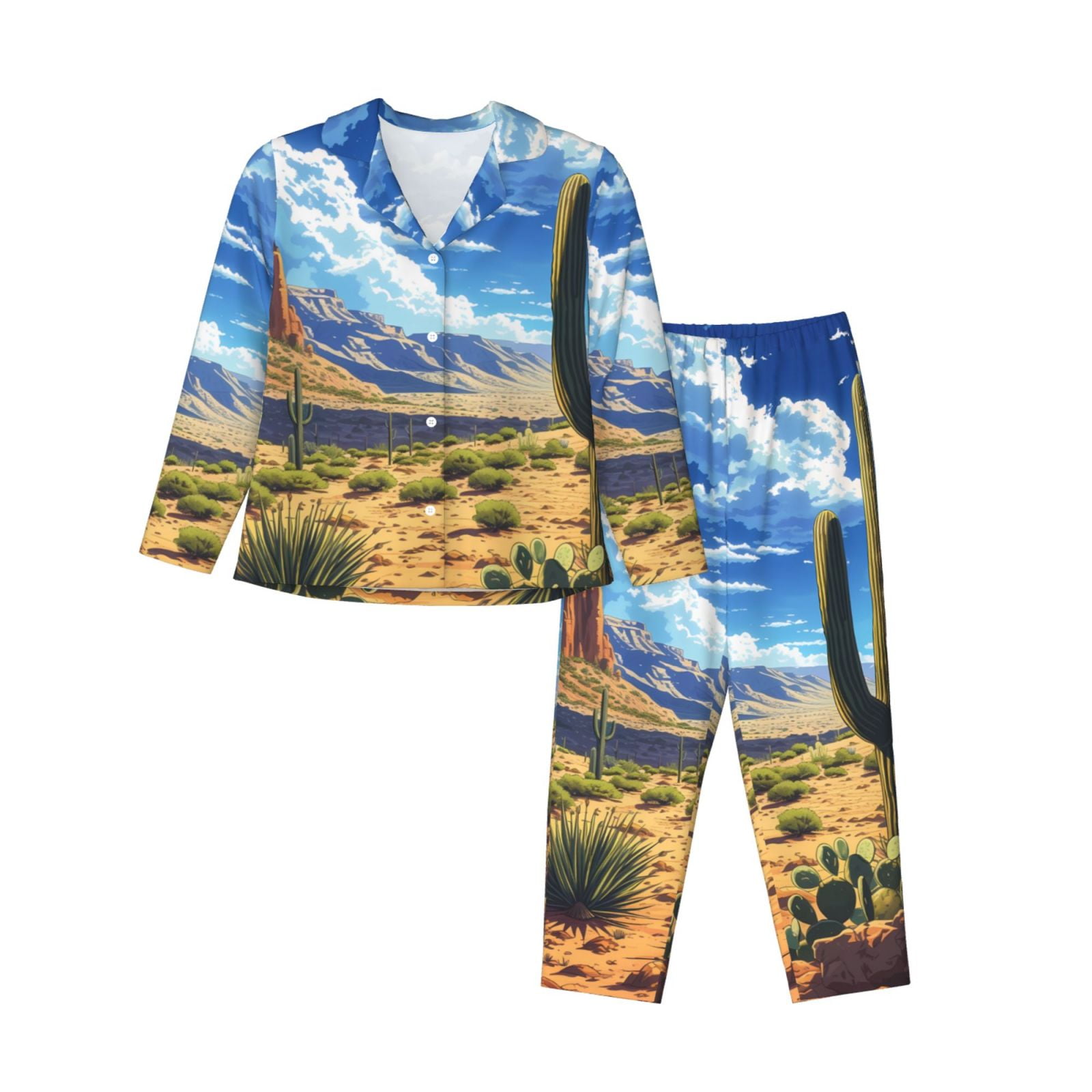 Adobk Western Desert Cactus Print Pajamas Set Long Sleeve Sleepwear ...